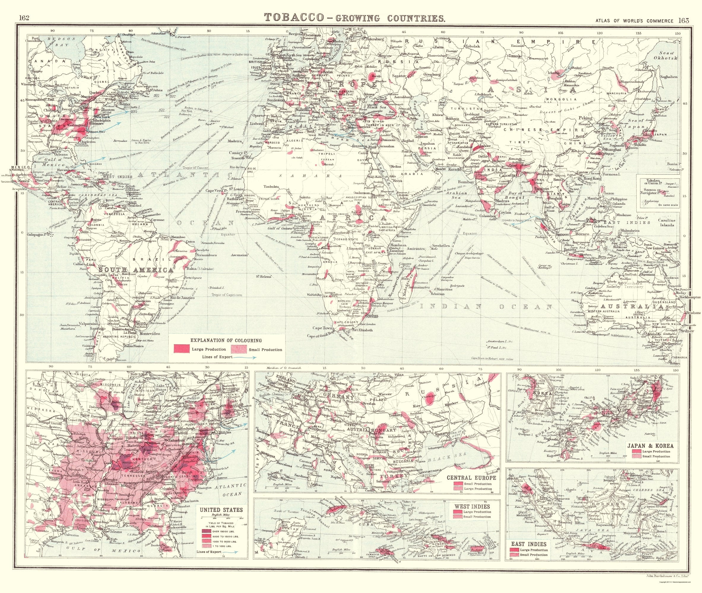 Historic Map - Global Tobacco Growing Countries - Bartholomew 1907 - 23 ...
