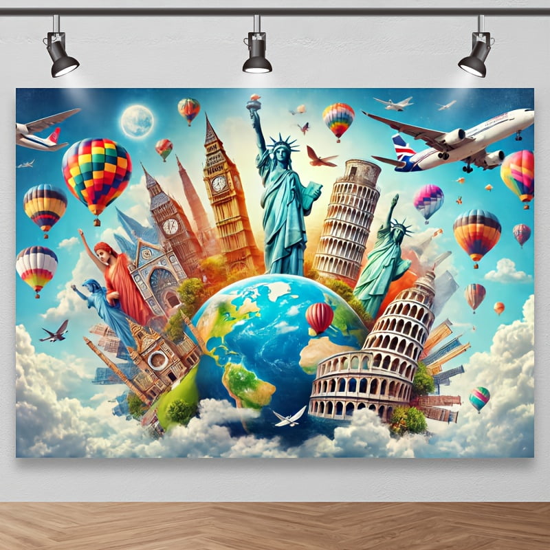 Global Travel Backdrop Global Famous Landmark and Hot Air Balloons ...