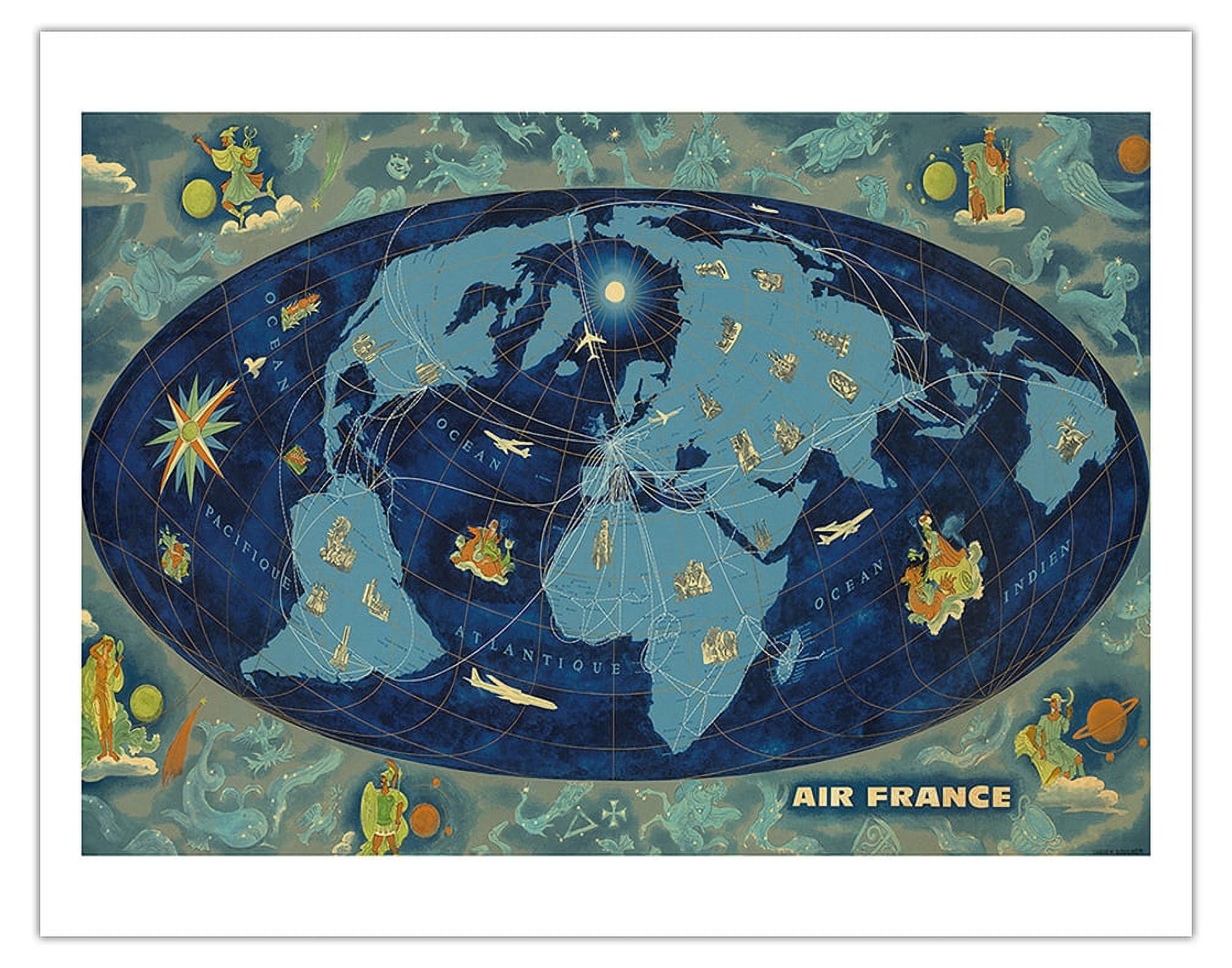 Global World Route Map - France - Planisphere - Vintage Airline Travel ...