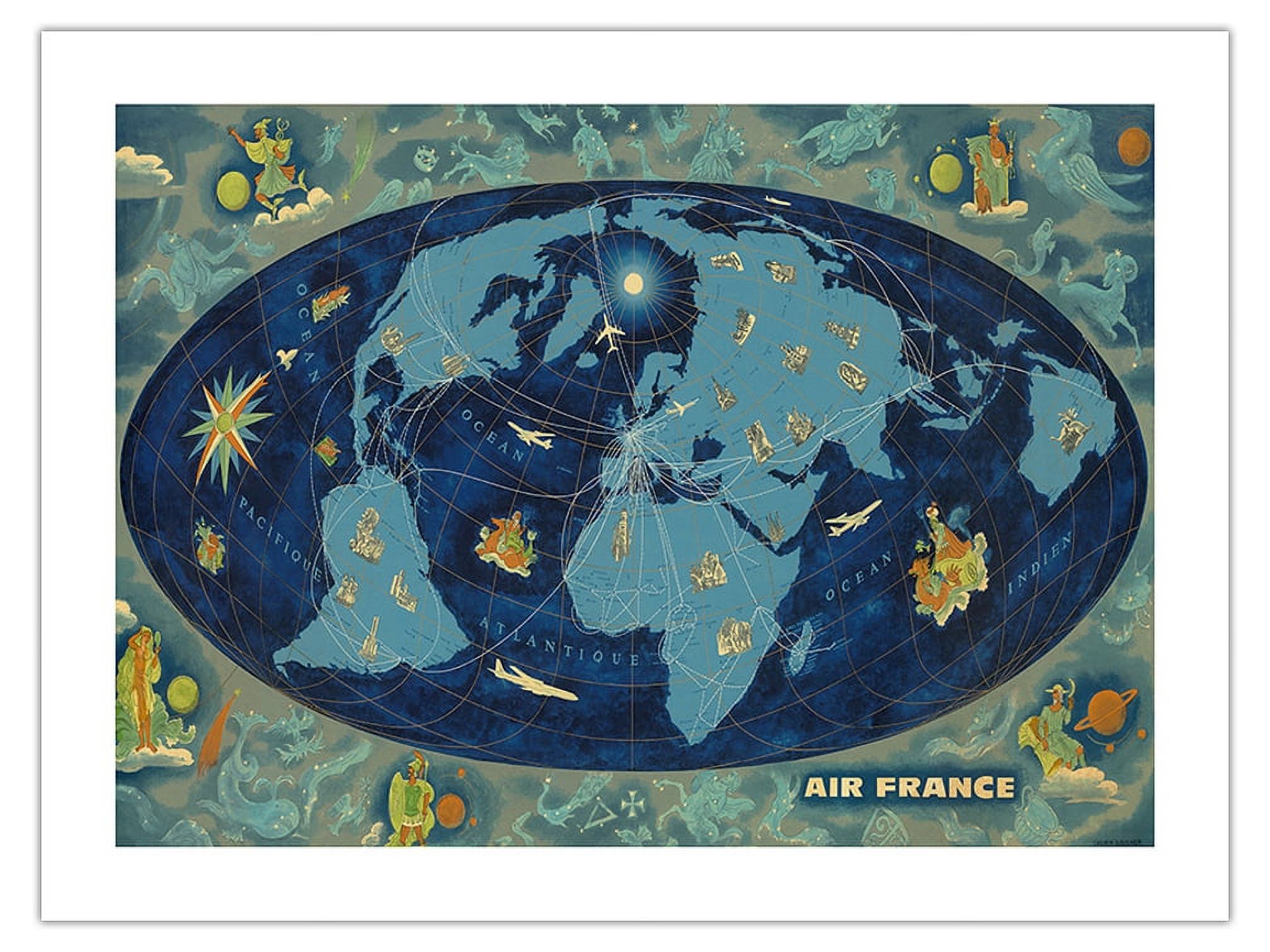 Global World Route Map - France - Planisphere - Vintage Airline Travel ...