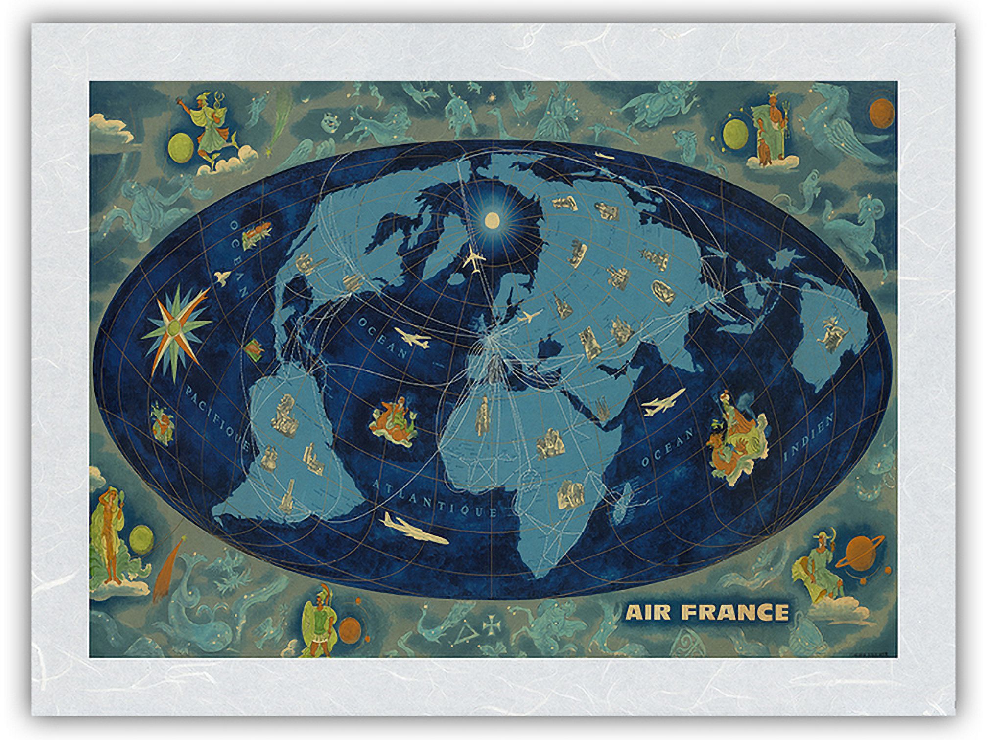 Global World Route Map - France - Planisphere - Vintage Airline Travel ...