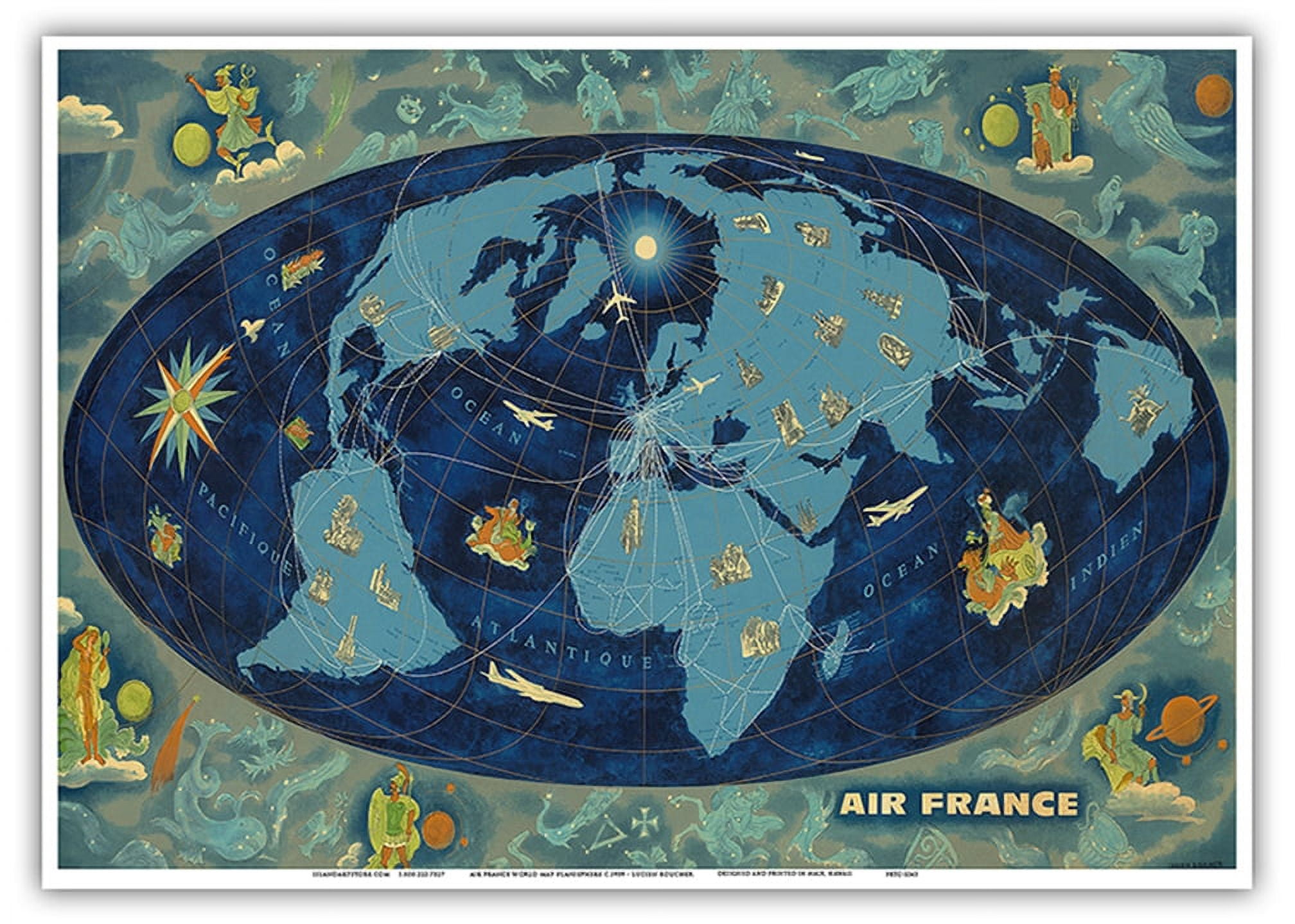 Global World Route Map - France - Planisphere - Vintage Airline Travel ...