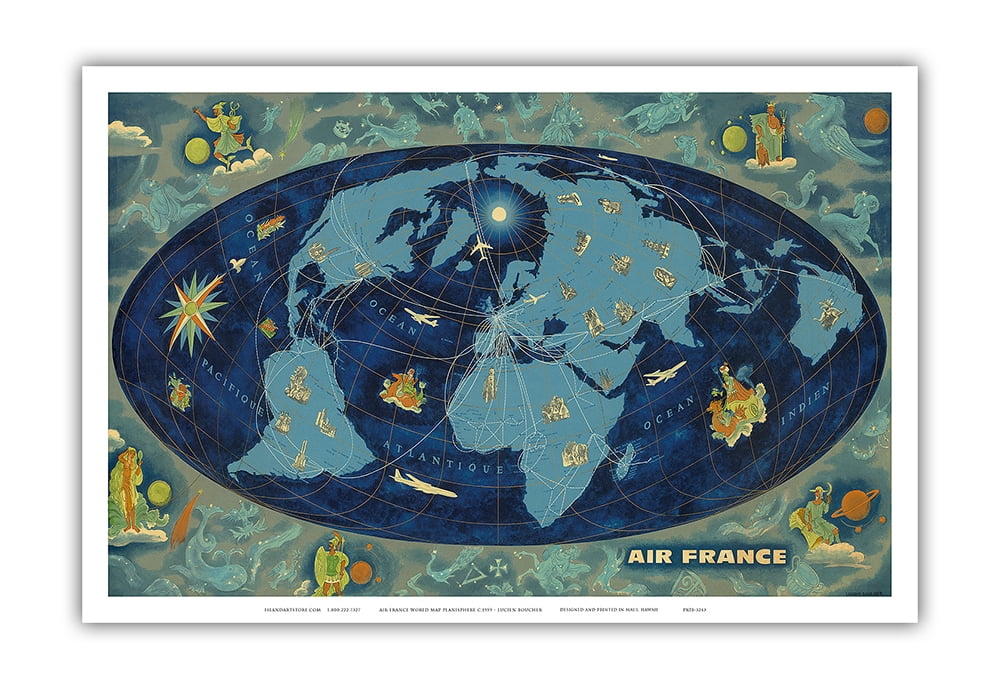 Global World Route Map - France - Planisphere - Vintage Airline Travel ...