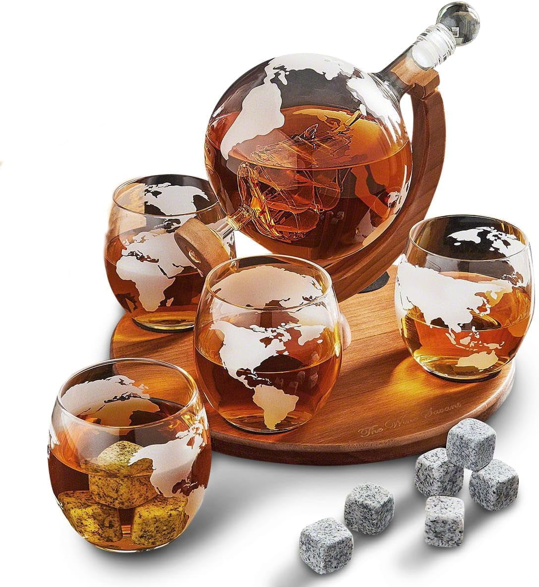 Globe Decanter Set with Etched Whiskey Glasses and Whiskey Stones for ...