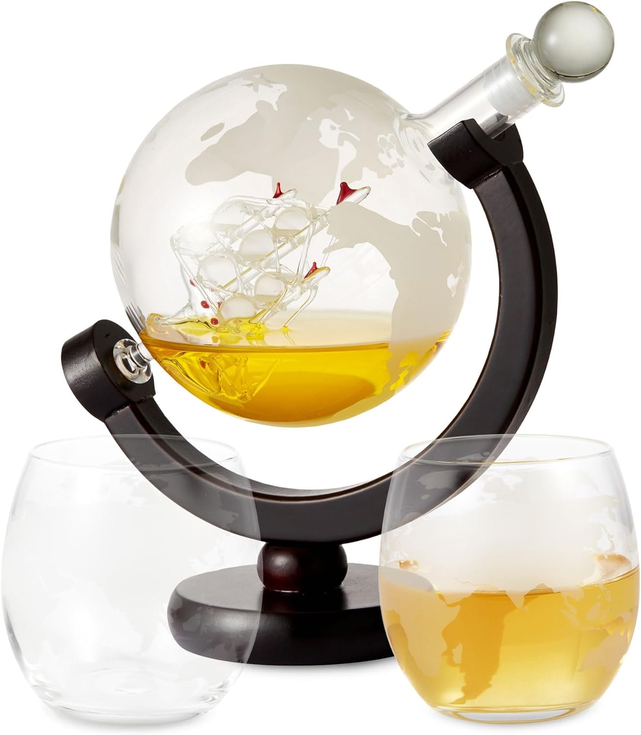Globe Decanter in Solid Wood Stand - 28oz Crystal Globe Whiskey ...
