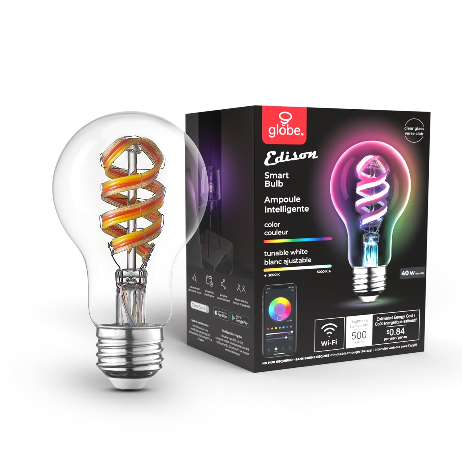 Globe Electric Wi-Fi Smart 40W Equivalent Vintage Filament Multicolor ...