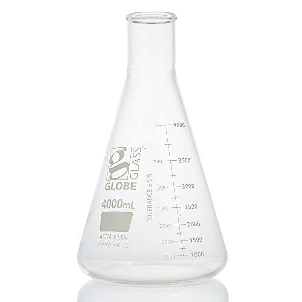 Globe Glass, Erlenmeyer Flask, 4000mL, Heavy Duty, Narrow Mouth, Dual ...