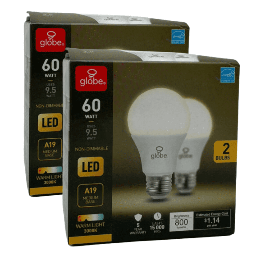 Globe LED Standard Size Warm Light Bulbs A19 - 9.5 Watt = 60 Watt 2 pk ...