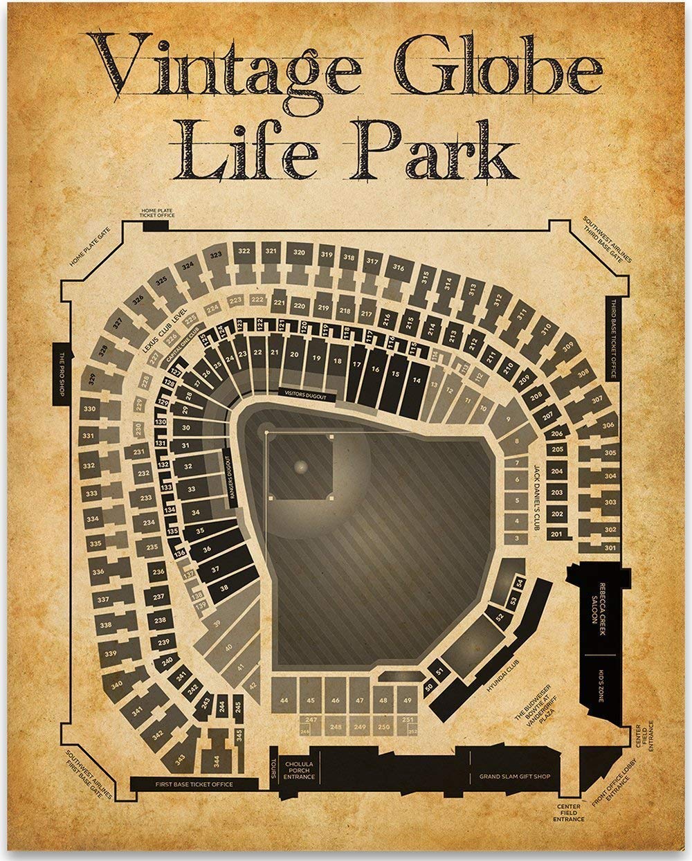 Globe Life Park Map Vintage Stadium Poster-16x20 Unframed - Texas Rangers Baseball Park Wall Art ...