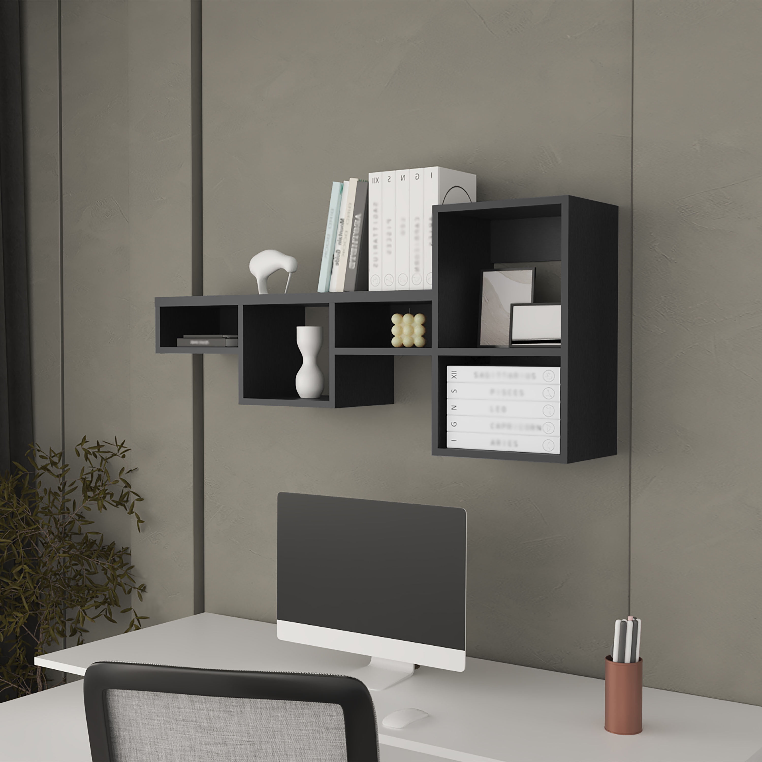 Globe Wall-Mounted Shelf Unit with 5 Shelves,Black,Black Melamine ...