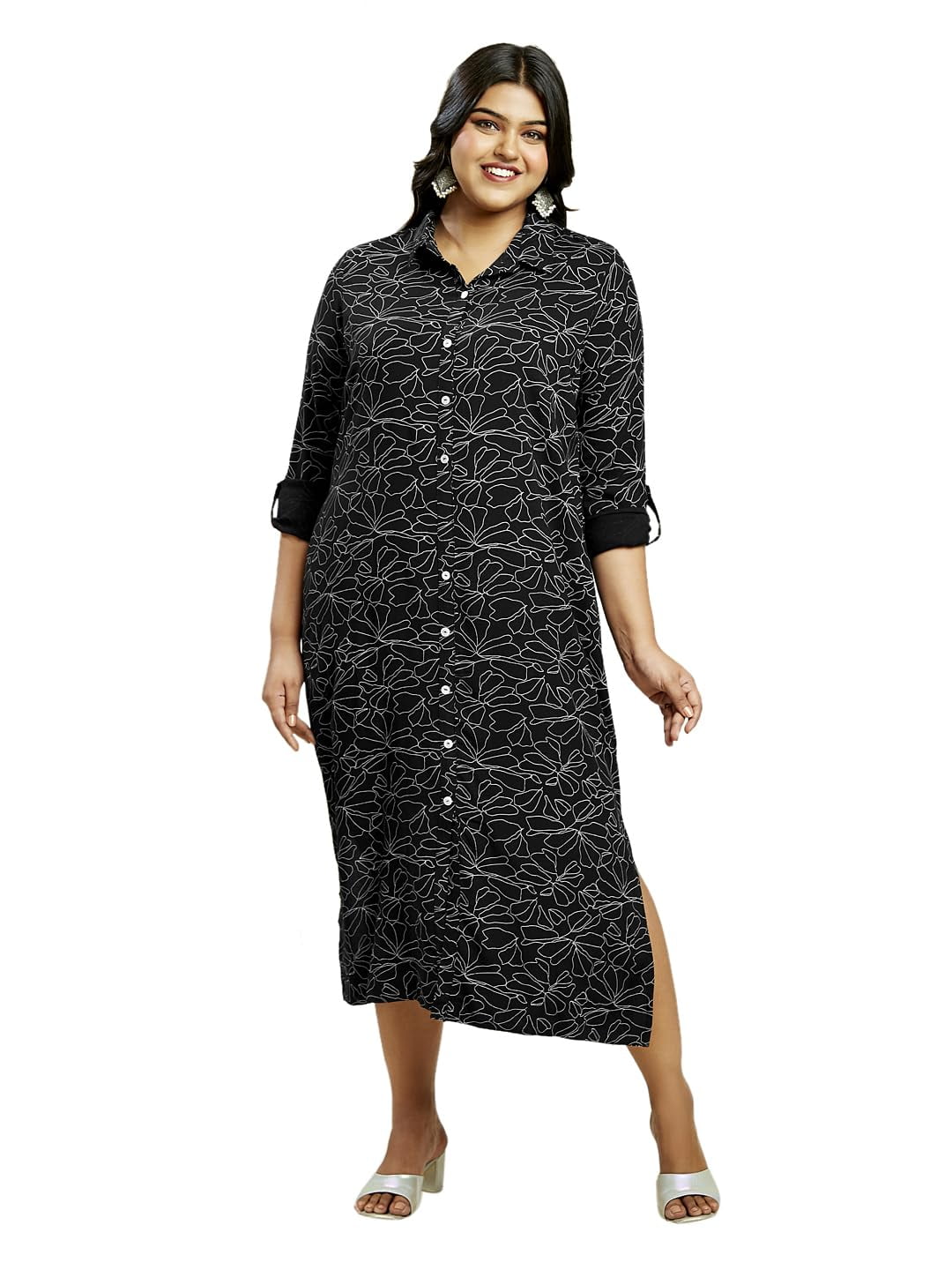 Globus Gloplus Women Black Collared Neck Roll-Up Sleeves Floral Print ...