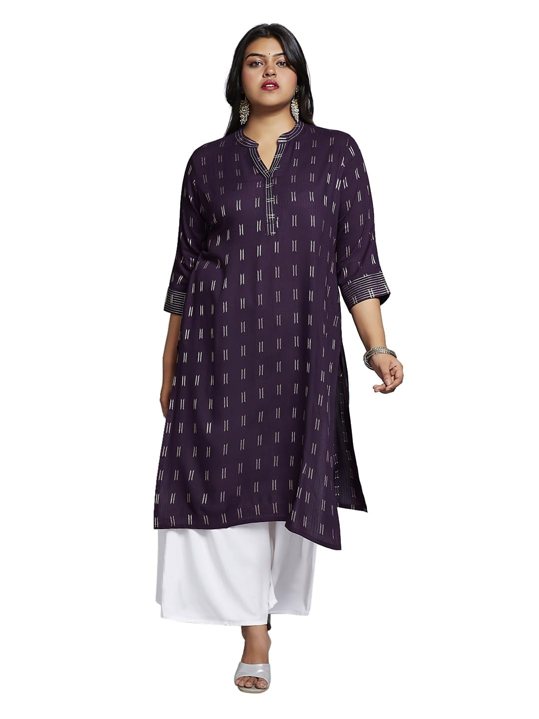 Globus Gloplus Women Mandarin Collar Zari Detail Woven Design Straight ...