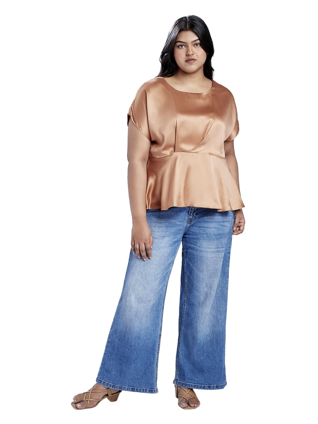 Globus Gloplus Women Peach Round Neck Extended Sleeves Satin Peplum ...