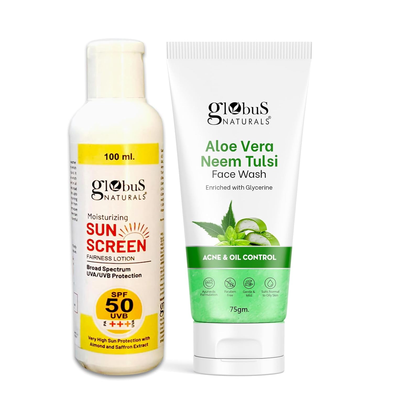 Globus Naturals Summer Sizzle Set Sunscreen Lotion SPF 50 100 ml Aloe Vera Neem Tulsi Face Wash ...