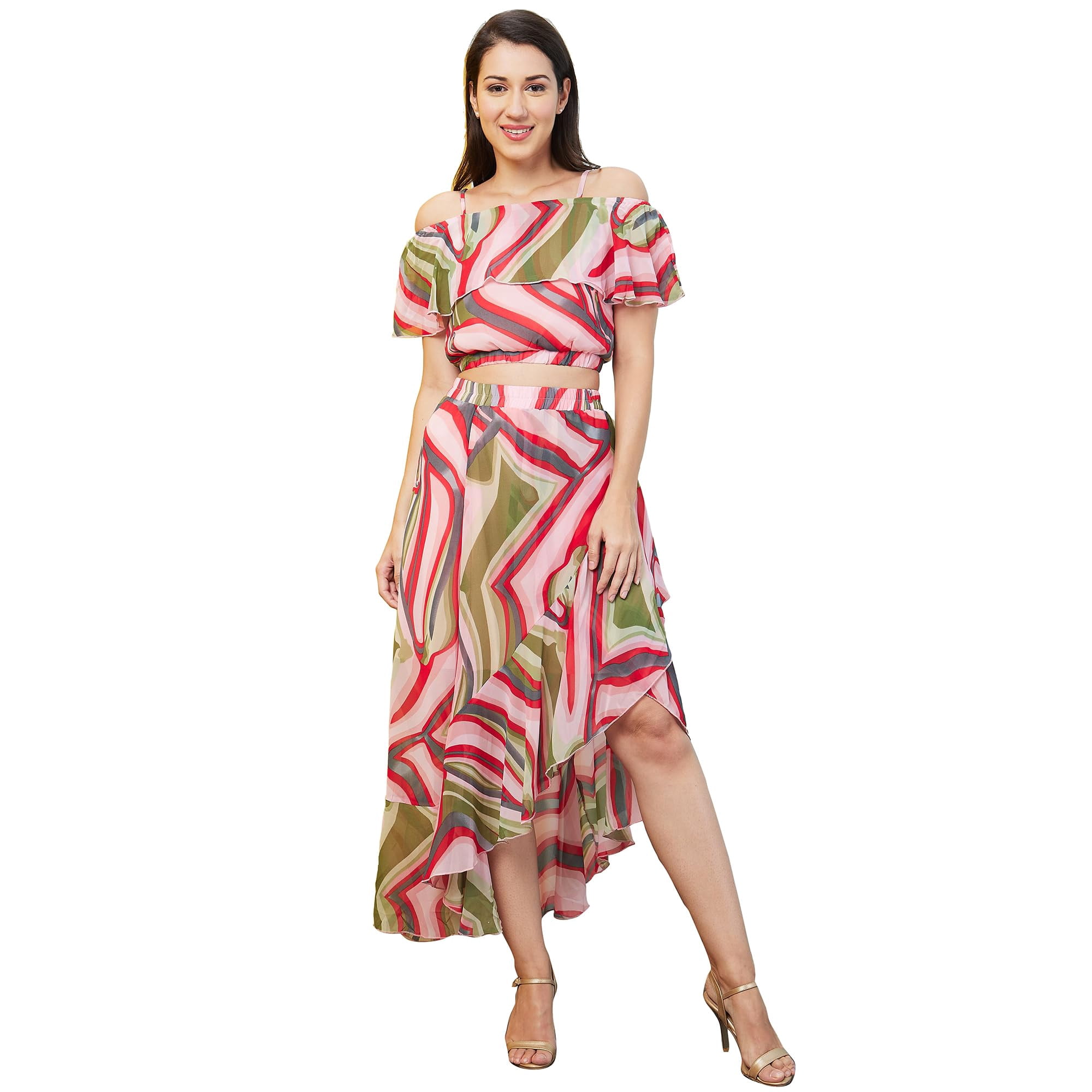 Globus Women Abstract Strappy Off Shoulder Crop Top With Ruffled Skirt ...