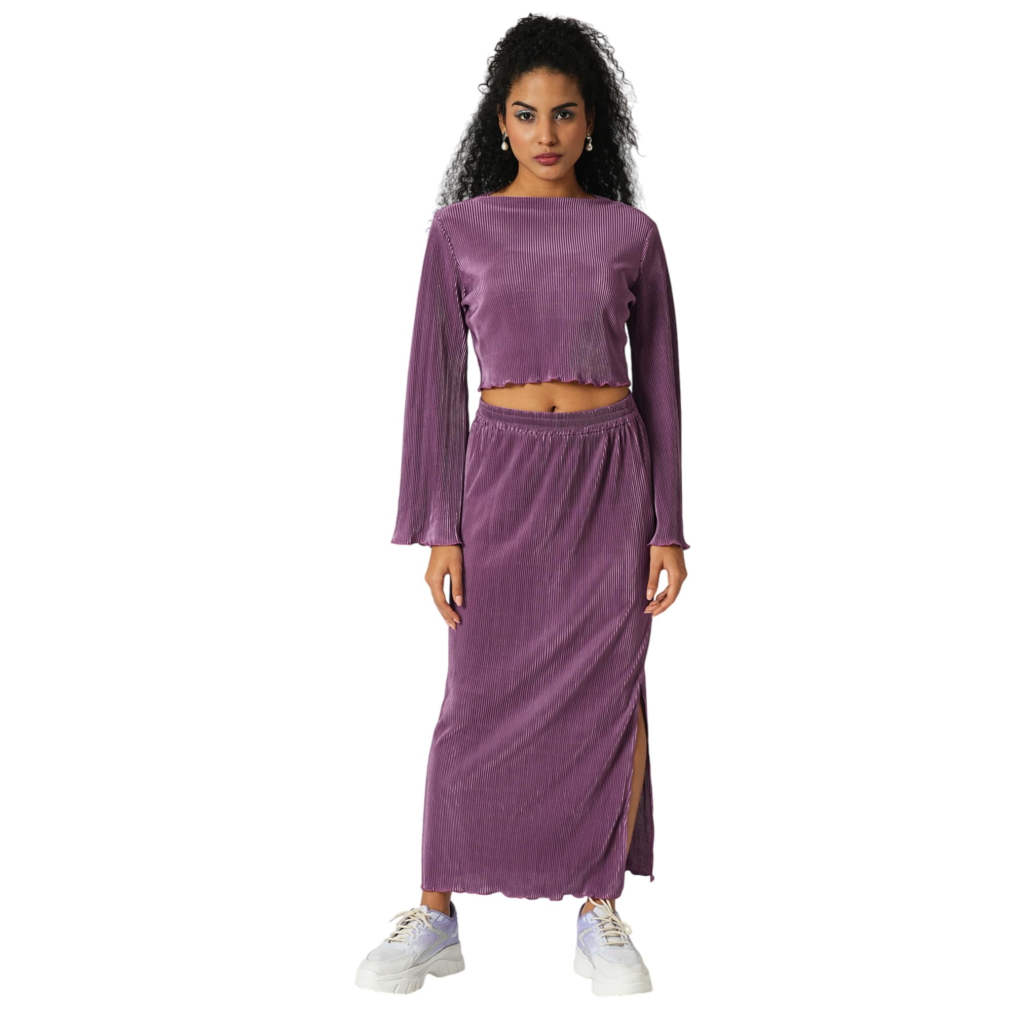 Globus Women Accordion Pleats Bell Sleeves Crop Top With Side Slit Maxi Skirt Party Co-Ord Set ...