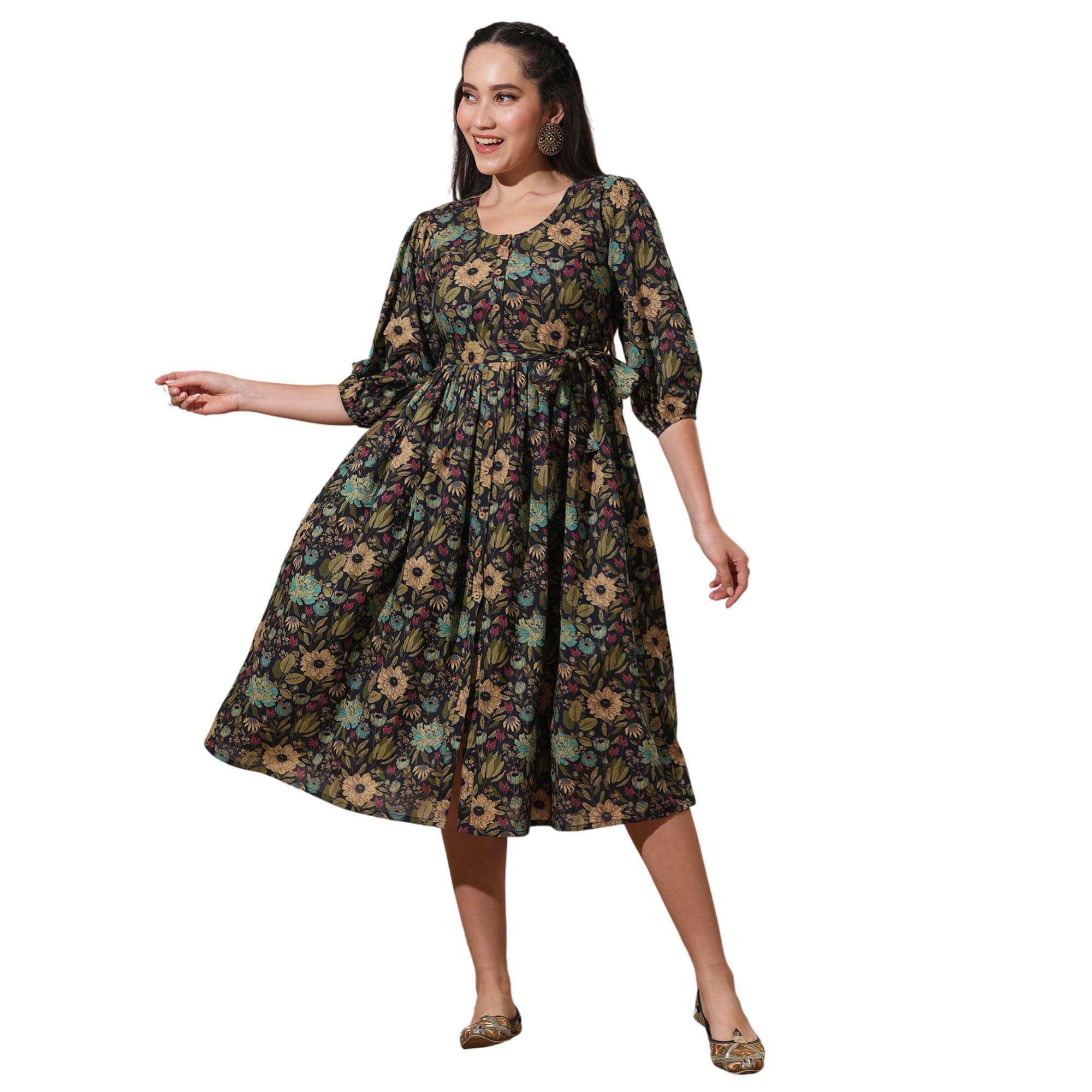 Globus Women Allover Floral Printed Bishop Sleeves Waist Tie-Up Button-Down A-Line Midi Dress ...