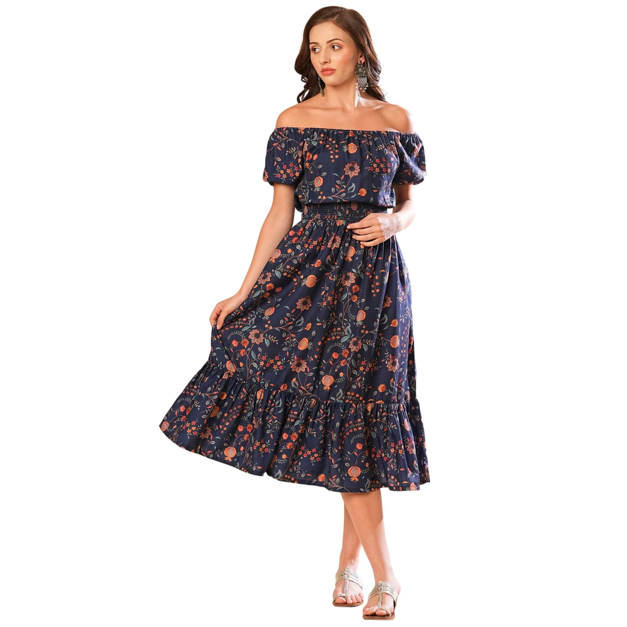 Globus Women Allover Floral Printed Smocked Waist Fit & Flare Midi ...