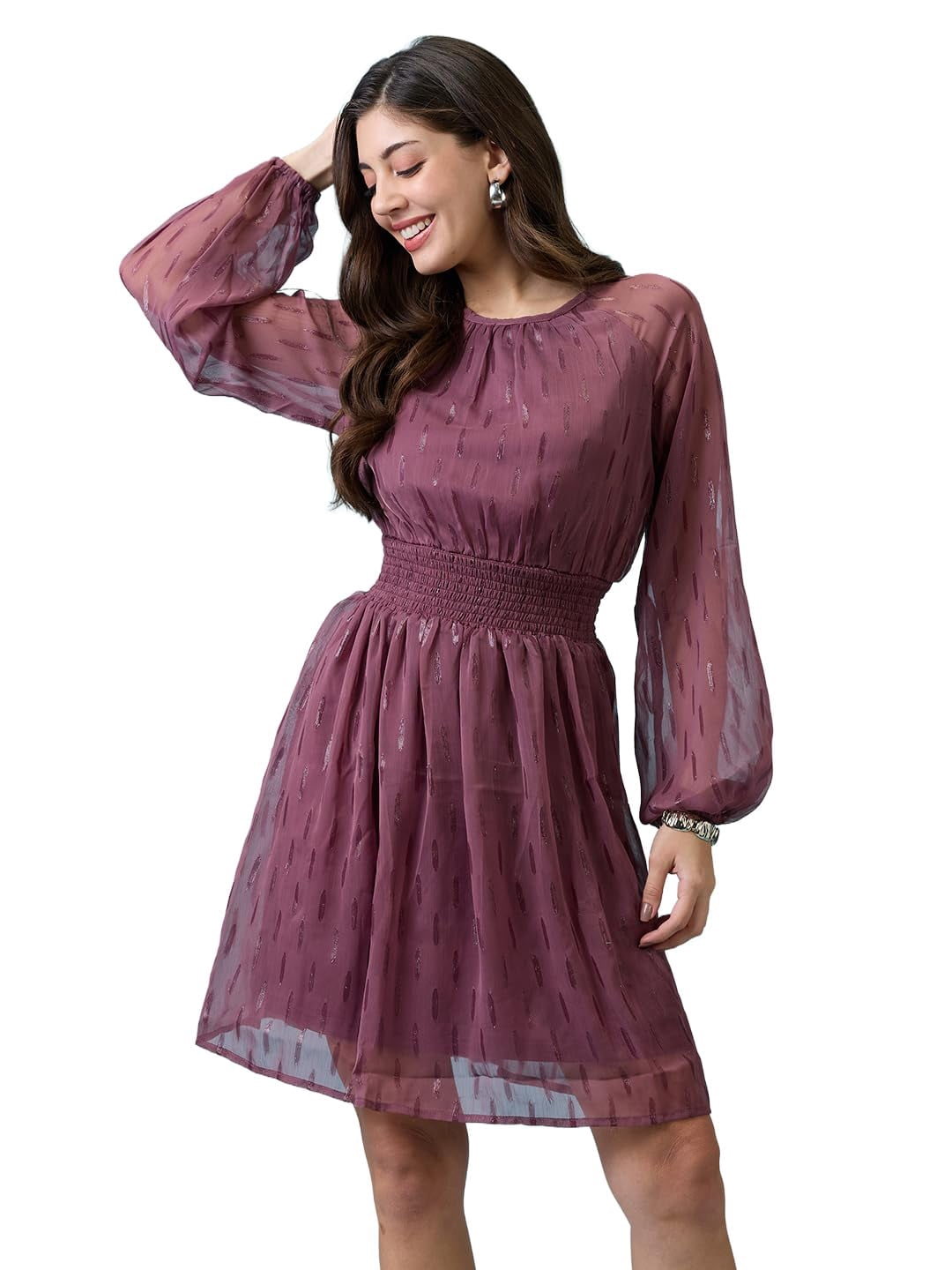 Globus Women Bishop Sleeves Self Design Georgette Sheen Smocked Mini ...