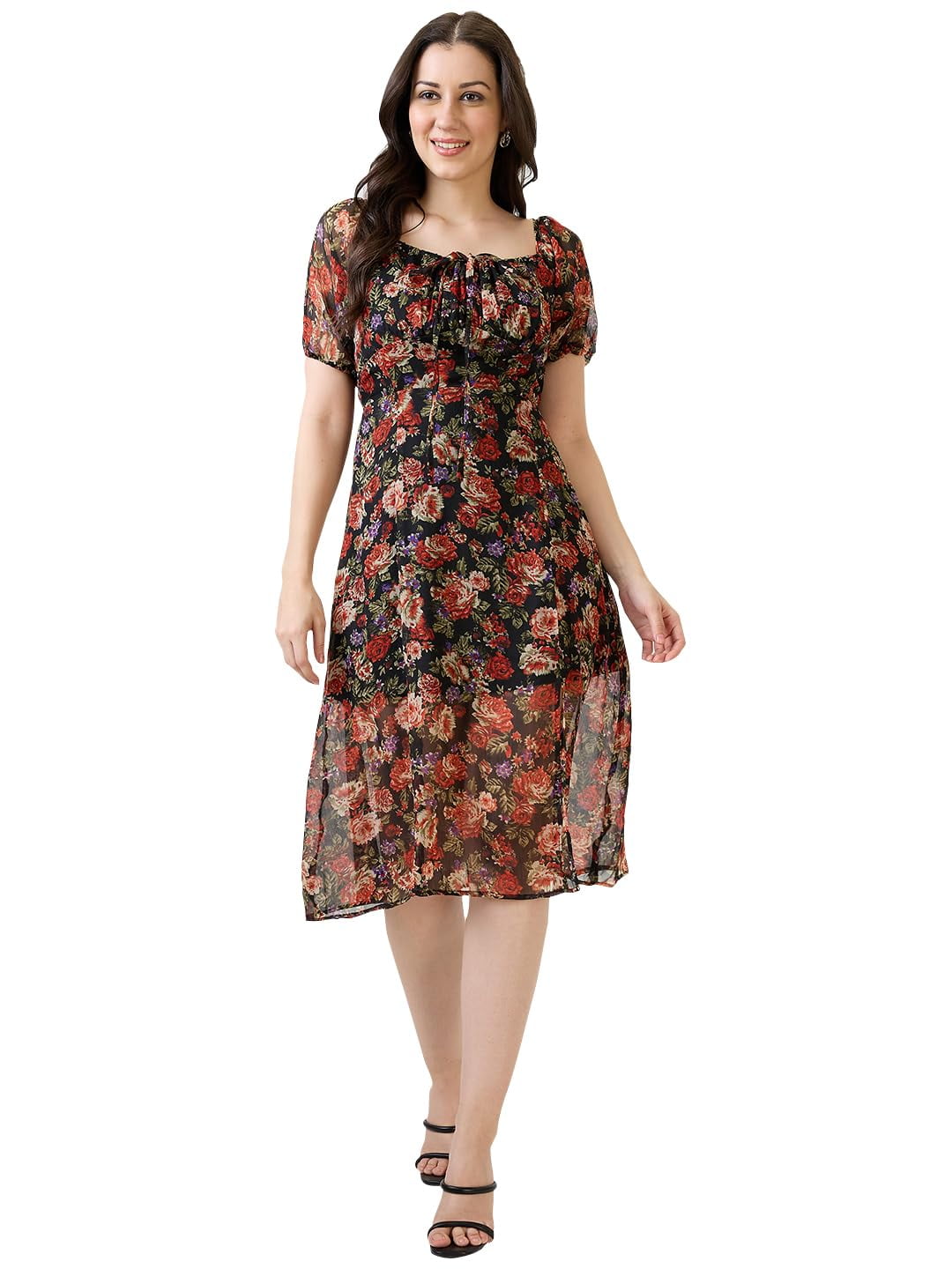 Globus Women Black Allover Floral Printed Tie-Up Square Neck Puff ...