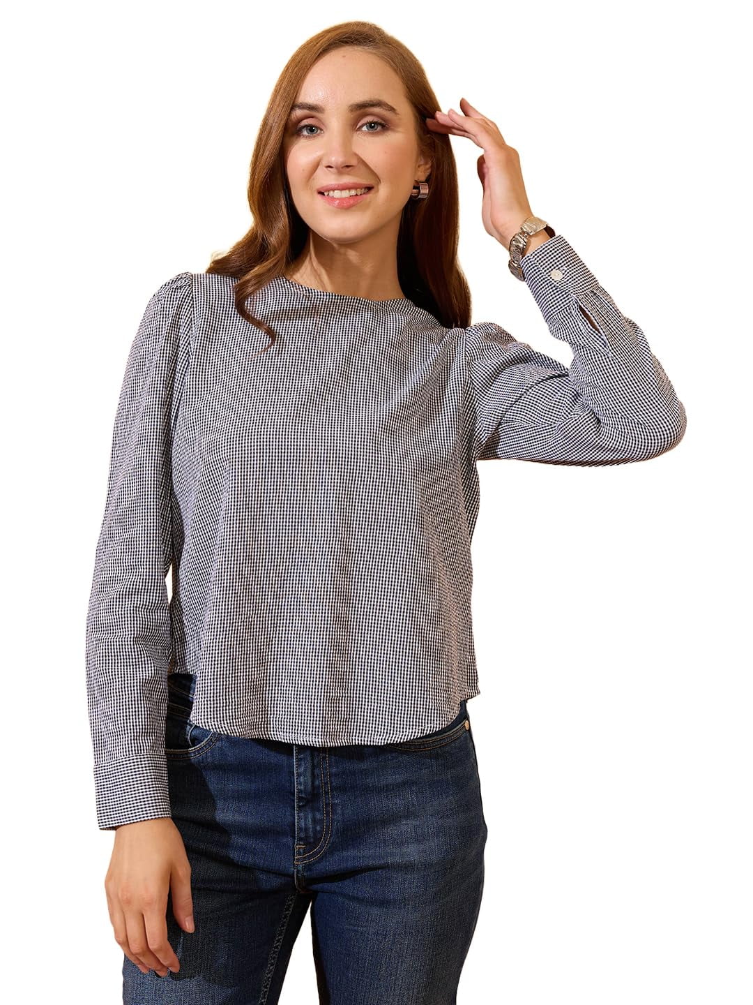 Globus Women Black Checkered Back Button Detailing Cuffed Sleeves ...