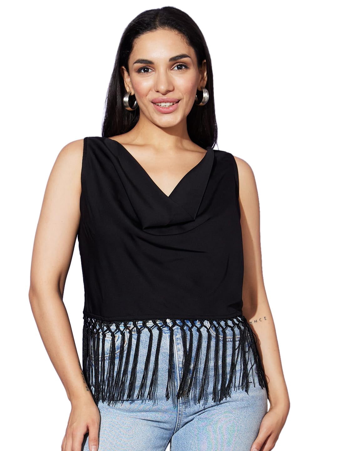 Globus Women Black Cowl Neck Fringed Satin Top - Walmart.com