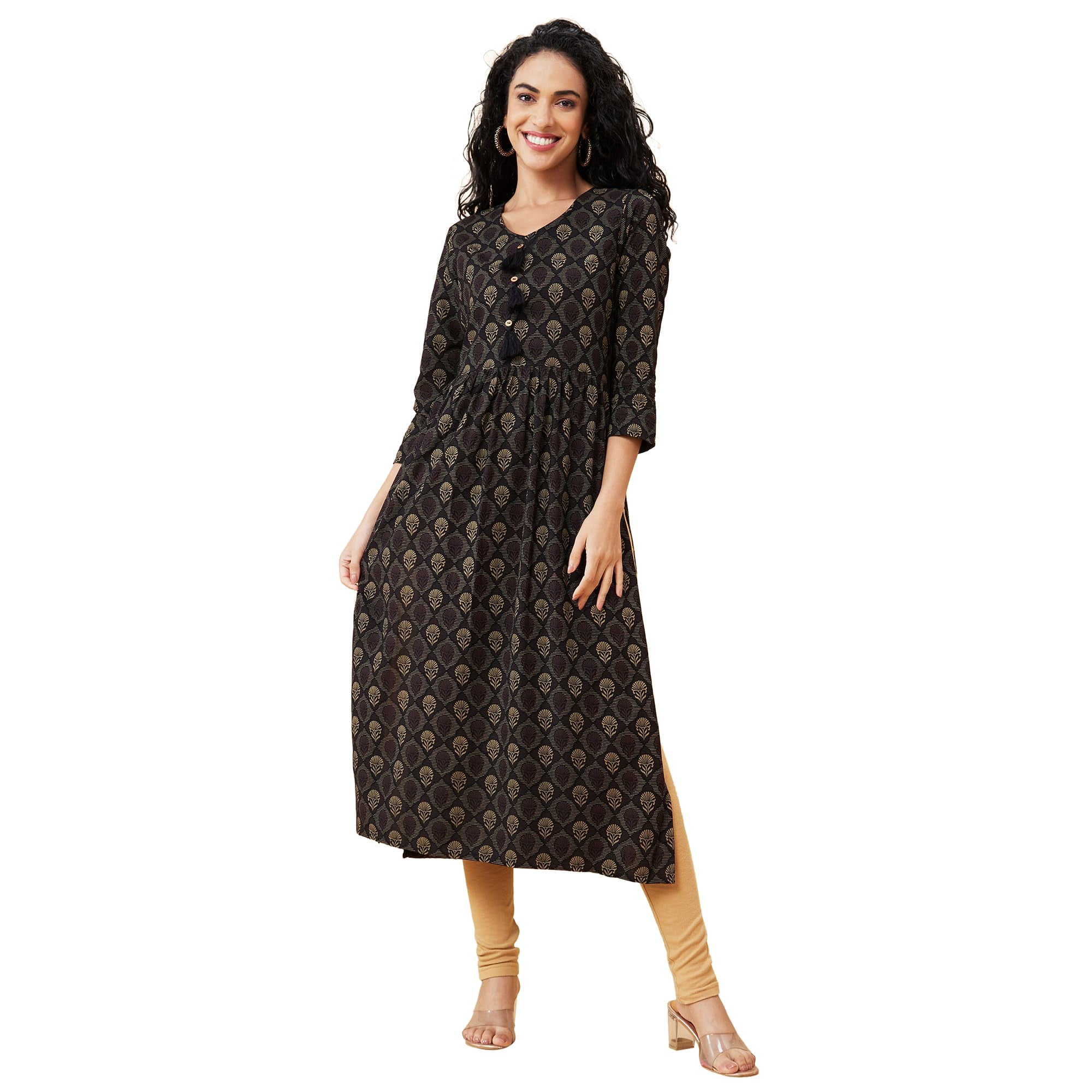Globus Women Black Ethnic Motifs Printed V-Neck A-Line Kurta - Walmart.com