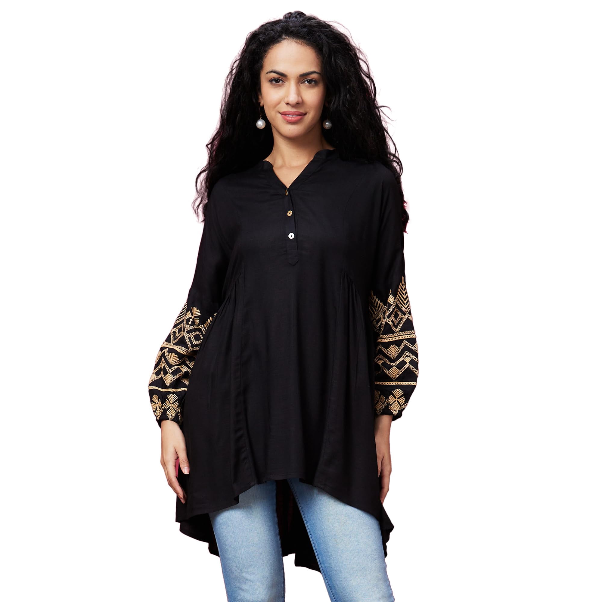 Globus Women Black Mandarin Collar Bishop Sleeves Asymmetric Hem ...