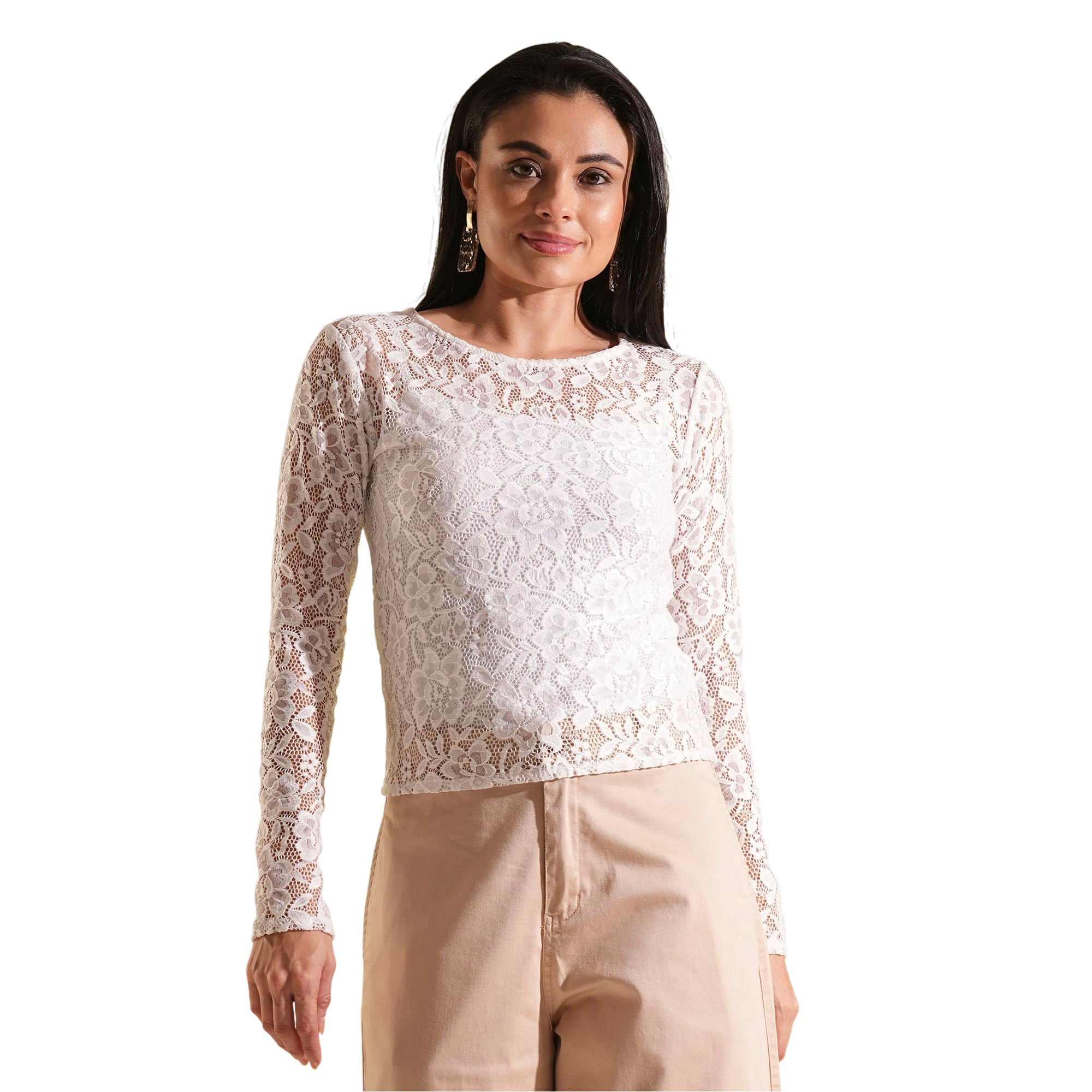 Globus Women Boat Neck Self Design Floral Lace Long Sleeve Party Top ...