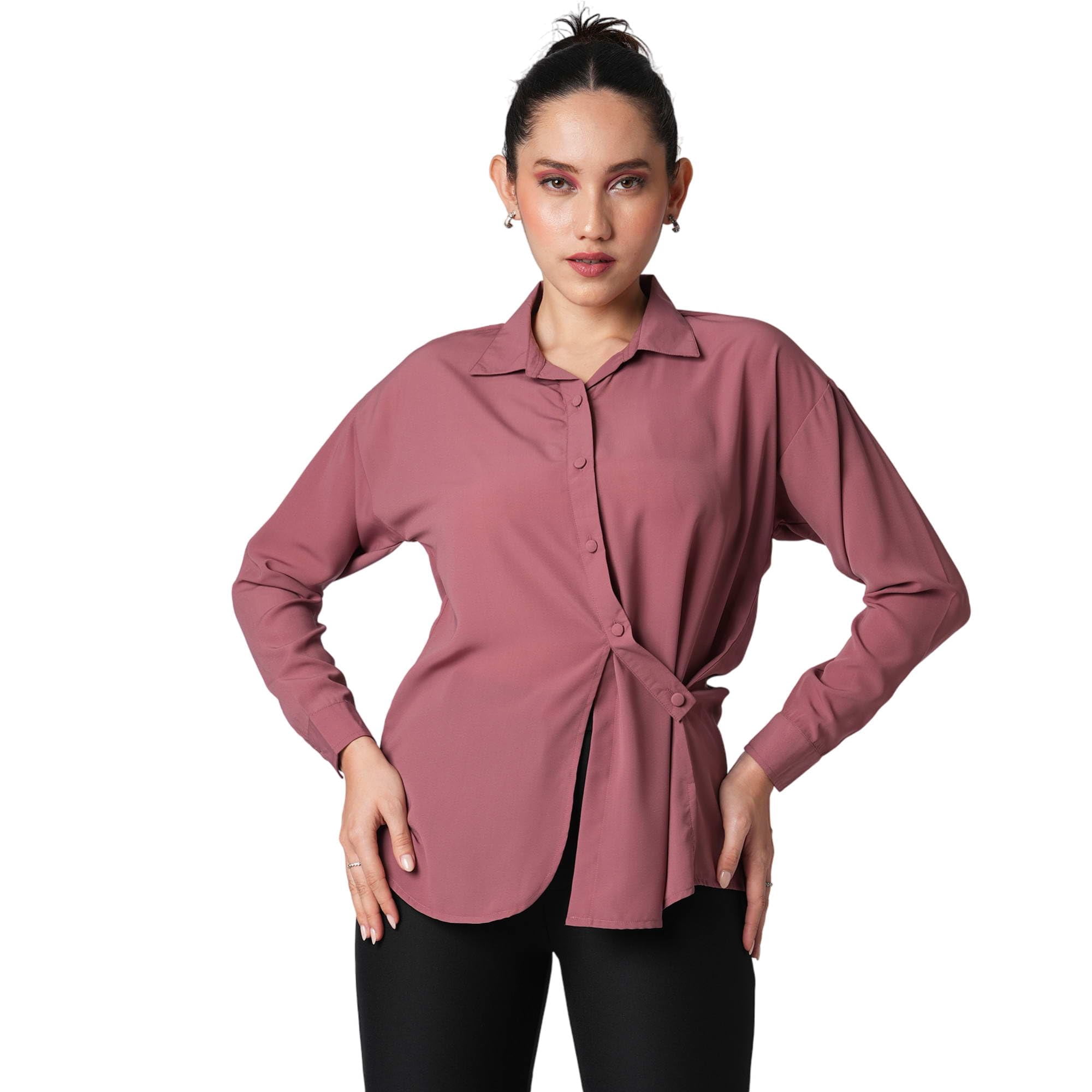 Globus Women Collared Neck Cuffed Sleeves Solid Satin Relaxed Fit Shirt ...