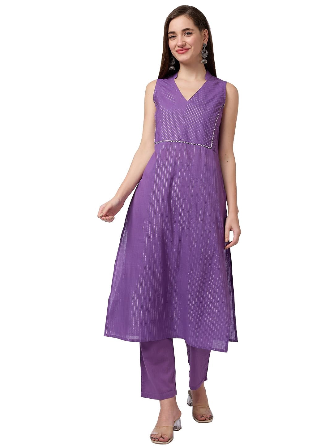 Globus Women Collared V-Neck Shimmer Woven Design Gotta Lace A-Line ...