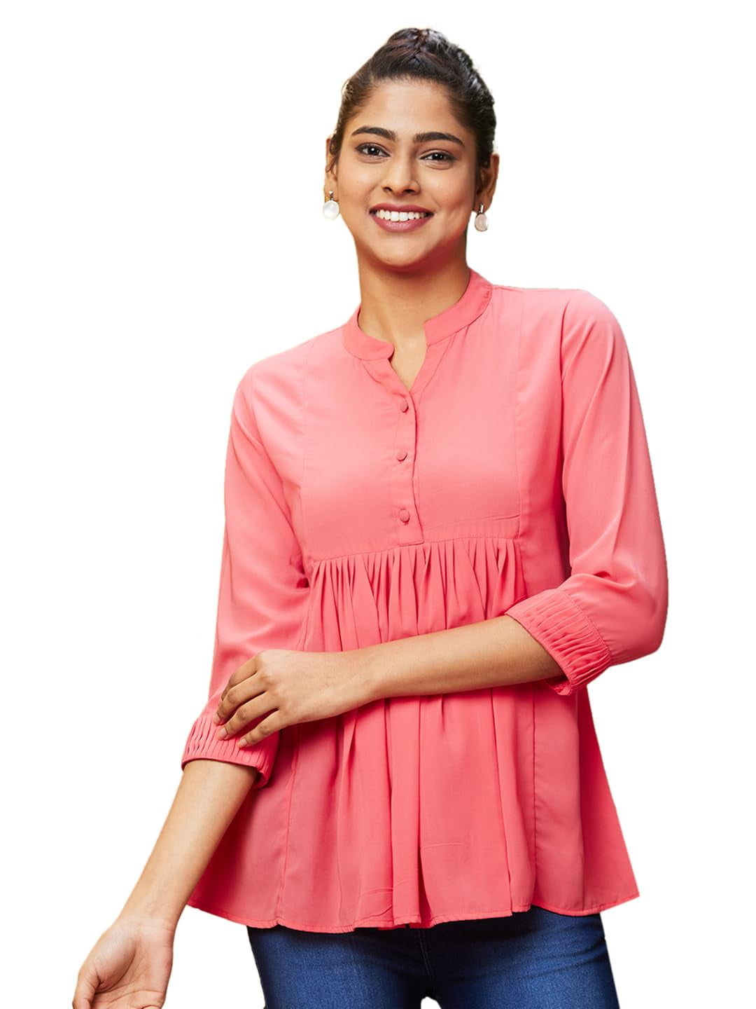 Globus Women Coral Mandarin Collar Gathered Longline Top - Walmart.com