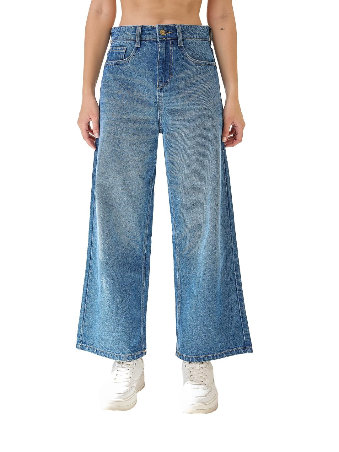 Globus Women Cotton Whiskers Effect Mid-Rise Wide Leg Denim Jeans ...