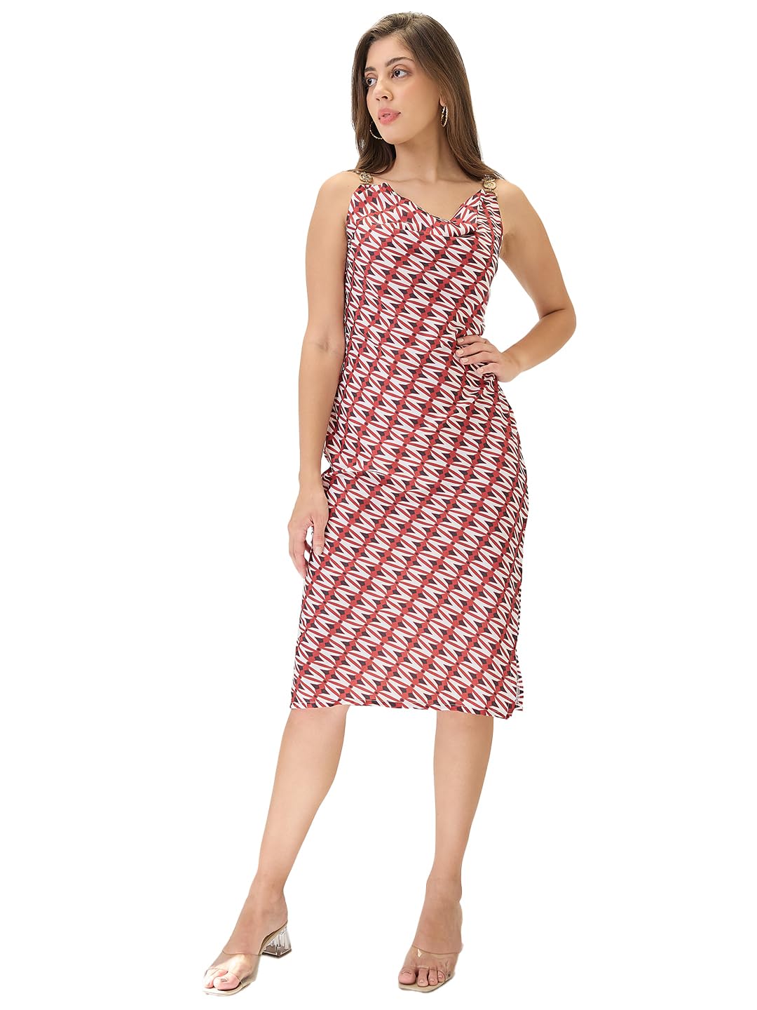 Globus Women Cowl Neck Metal Shoulder Straps Side Slits Sheath Midi ...
