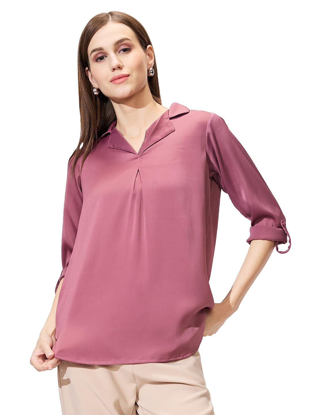 Globus Women Cuban Collar Roll Up Sleeves Solid Satin Shirt Style ...