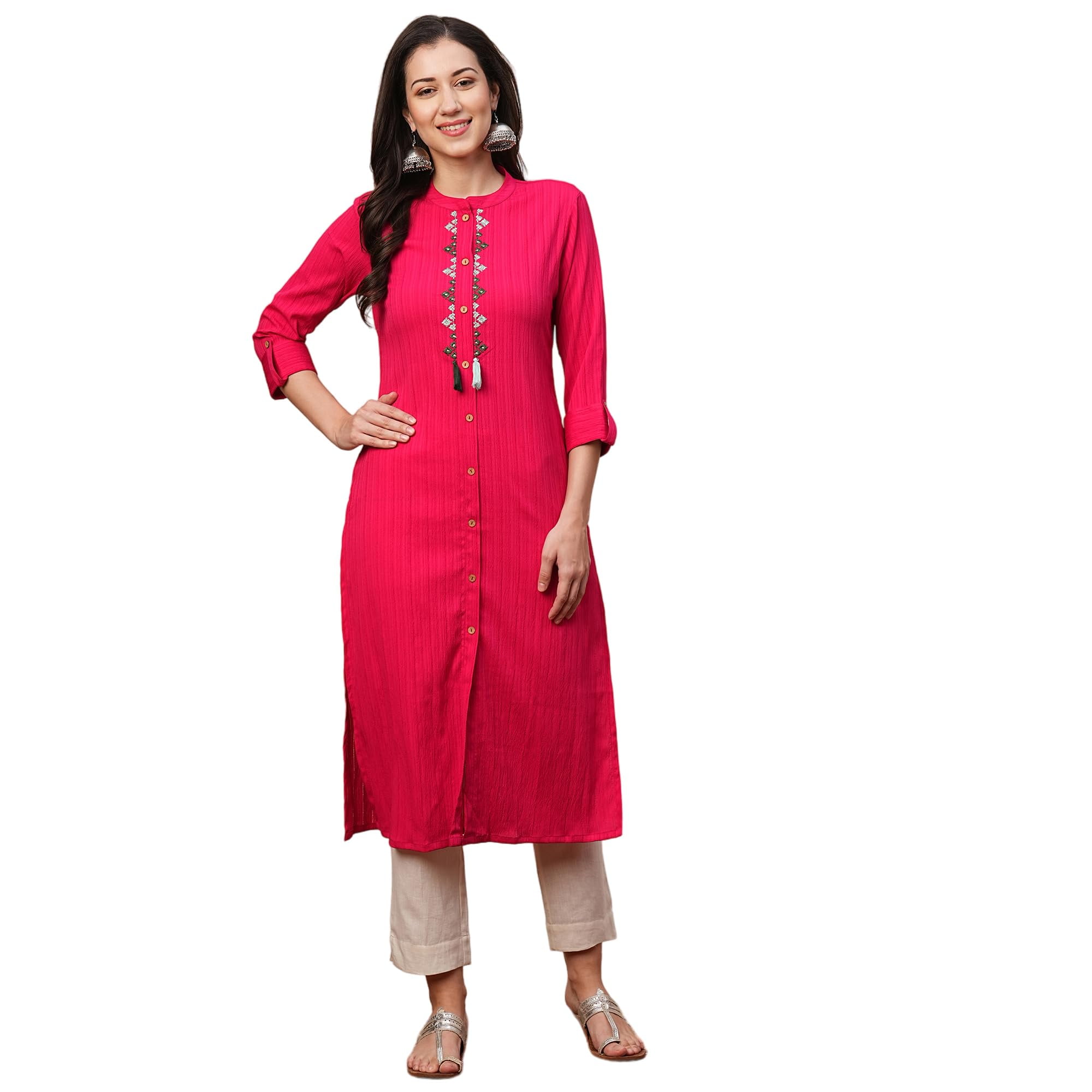 Globus Women Embroidered Placket Mandarin Collar Roll-Up Sleeves ...