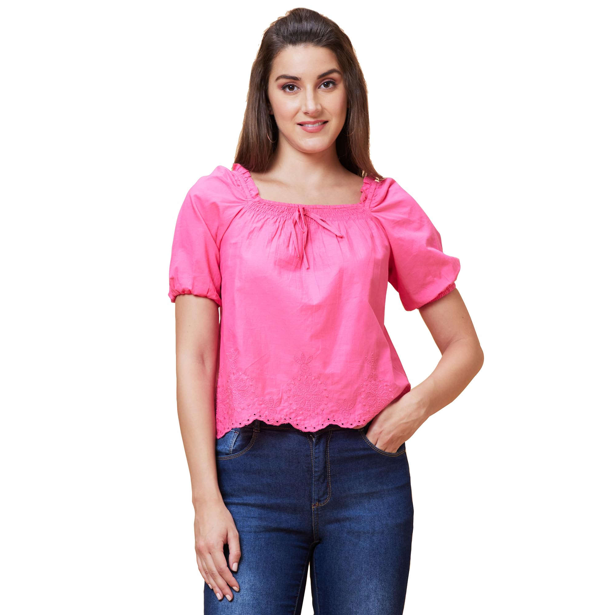 Globus Women Embroidered Puff Sleeves Square Neck Schiffli Square Neck ...