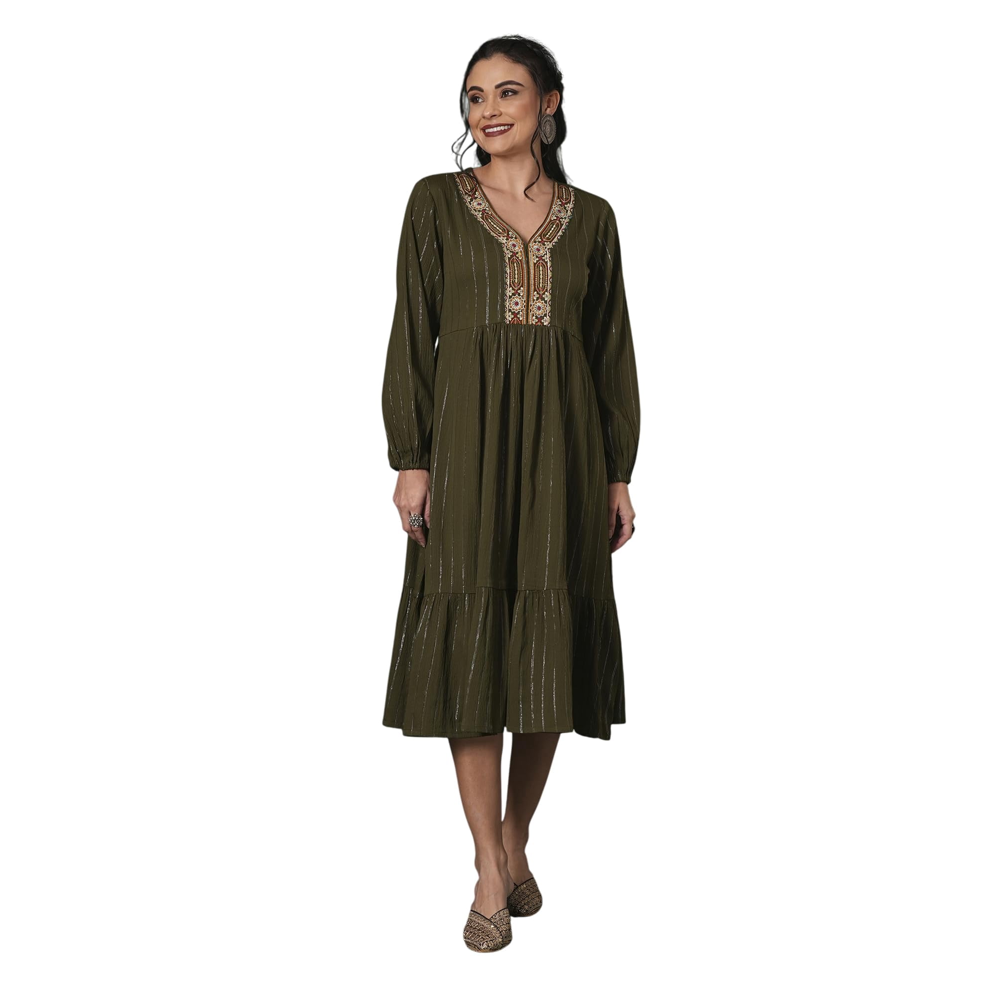 Globus Women Embroidered V-Neck Bishop Sleeves Shimmer Tiered A-Line ...