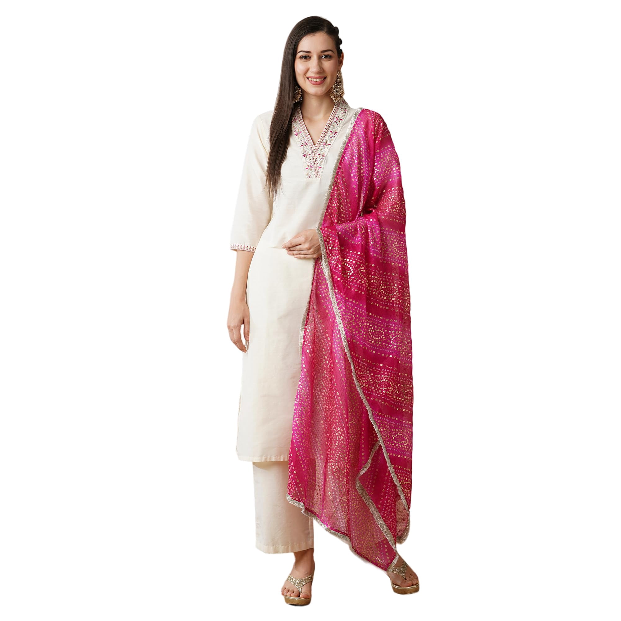 Globus Women Embroidered V-Neck Straight Kurta With Pants & Bandhani ...