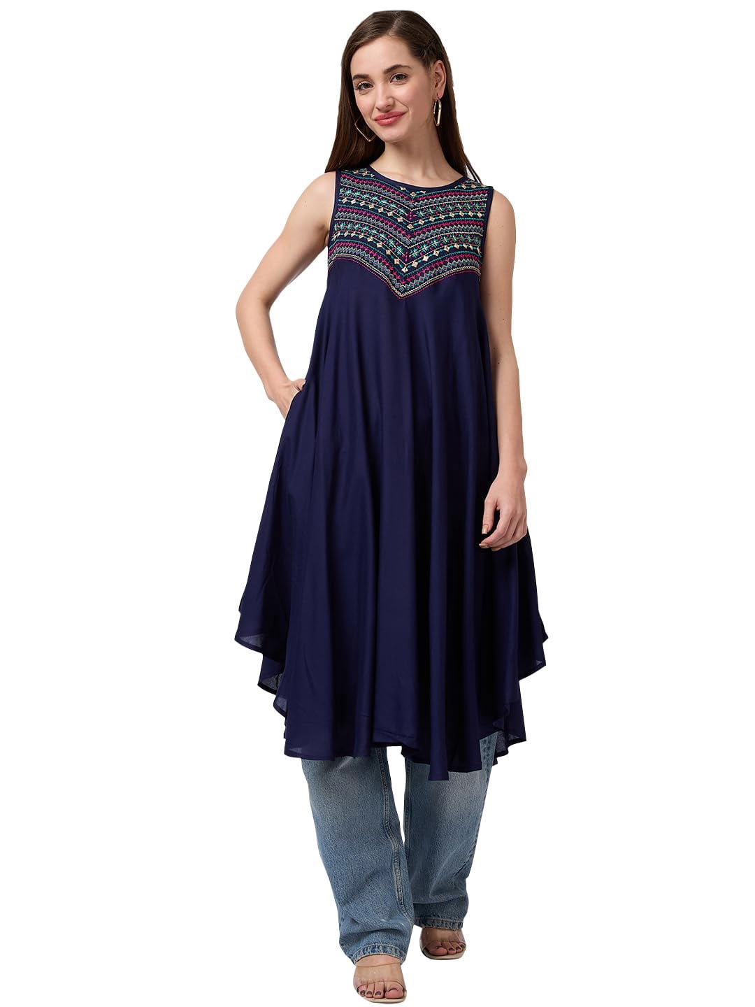 Globus Women Embroidered Yoke Asymmetric Hem A-Line Fusion Kurta ...