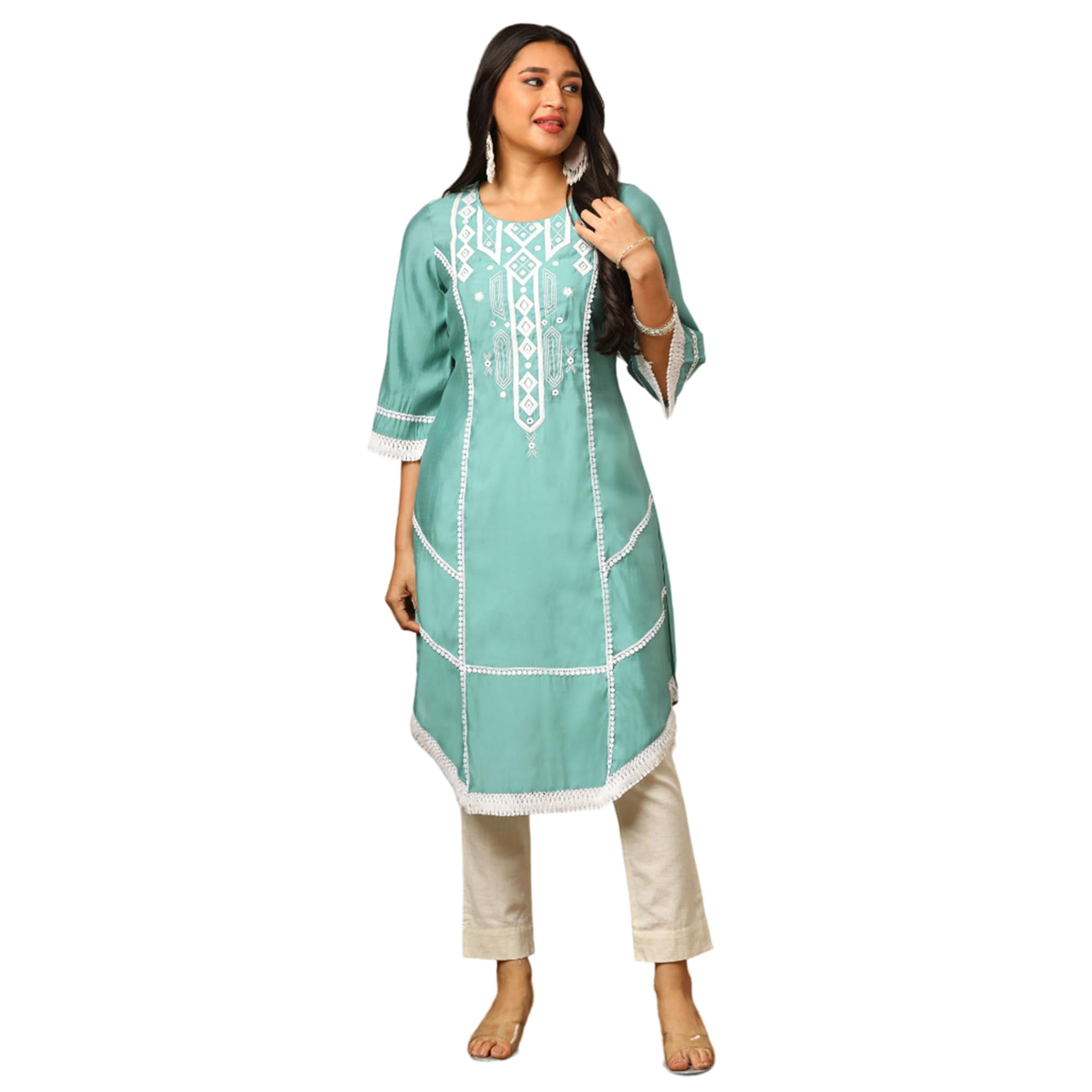 Globus Women Ethnic Motifs Embroidered Flared Sleeves Thread Work Lace ...