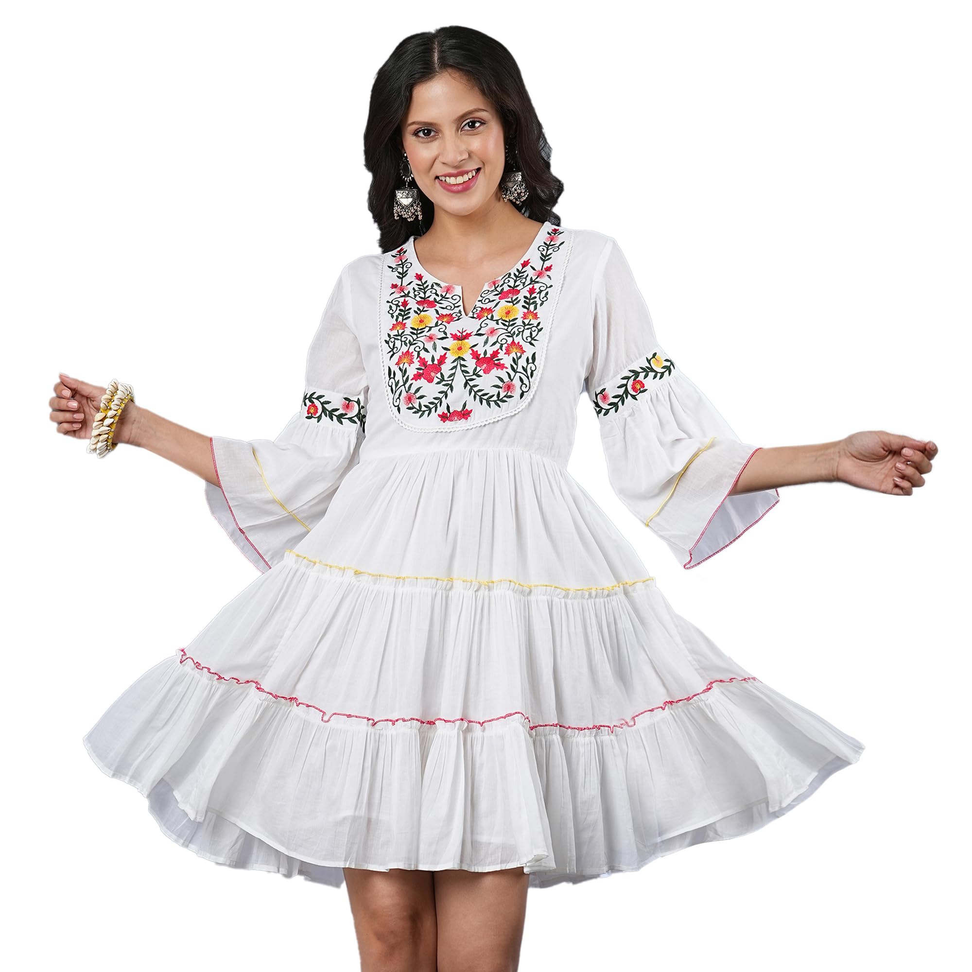 Globus Women Floral Embroidered Flared Sleeves Gathered & Tiered Fit ...