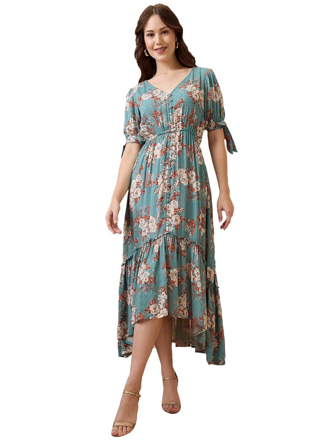 Globus Women Floral Print V-Neck Puff Sleeves Fit And Flare Midi Tiered ...