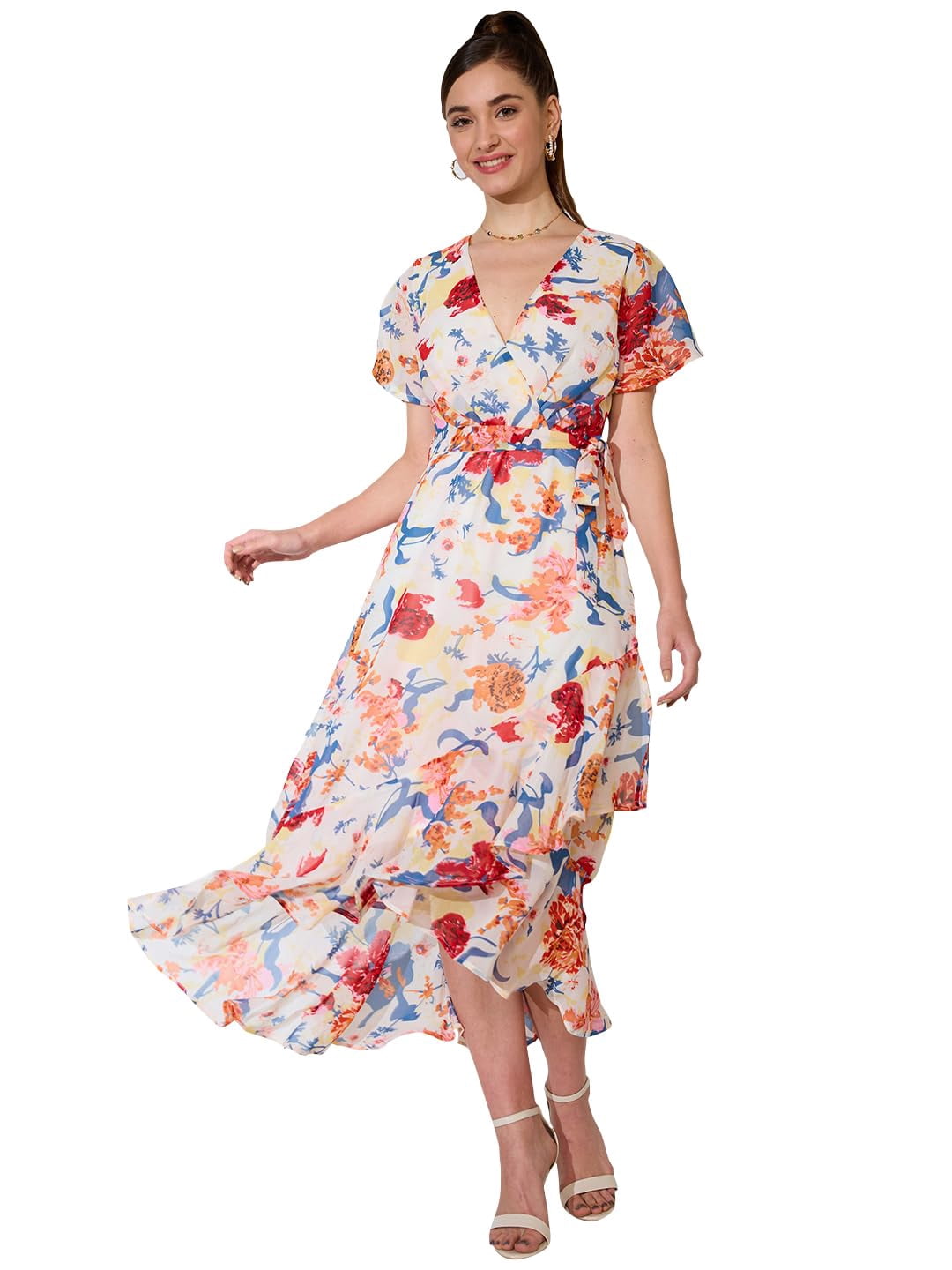 Globus Women Floral Print Wrap Neck Flared Sleeves Tie-Up Ruffled Tulip ...