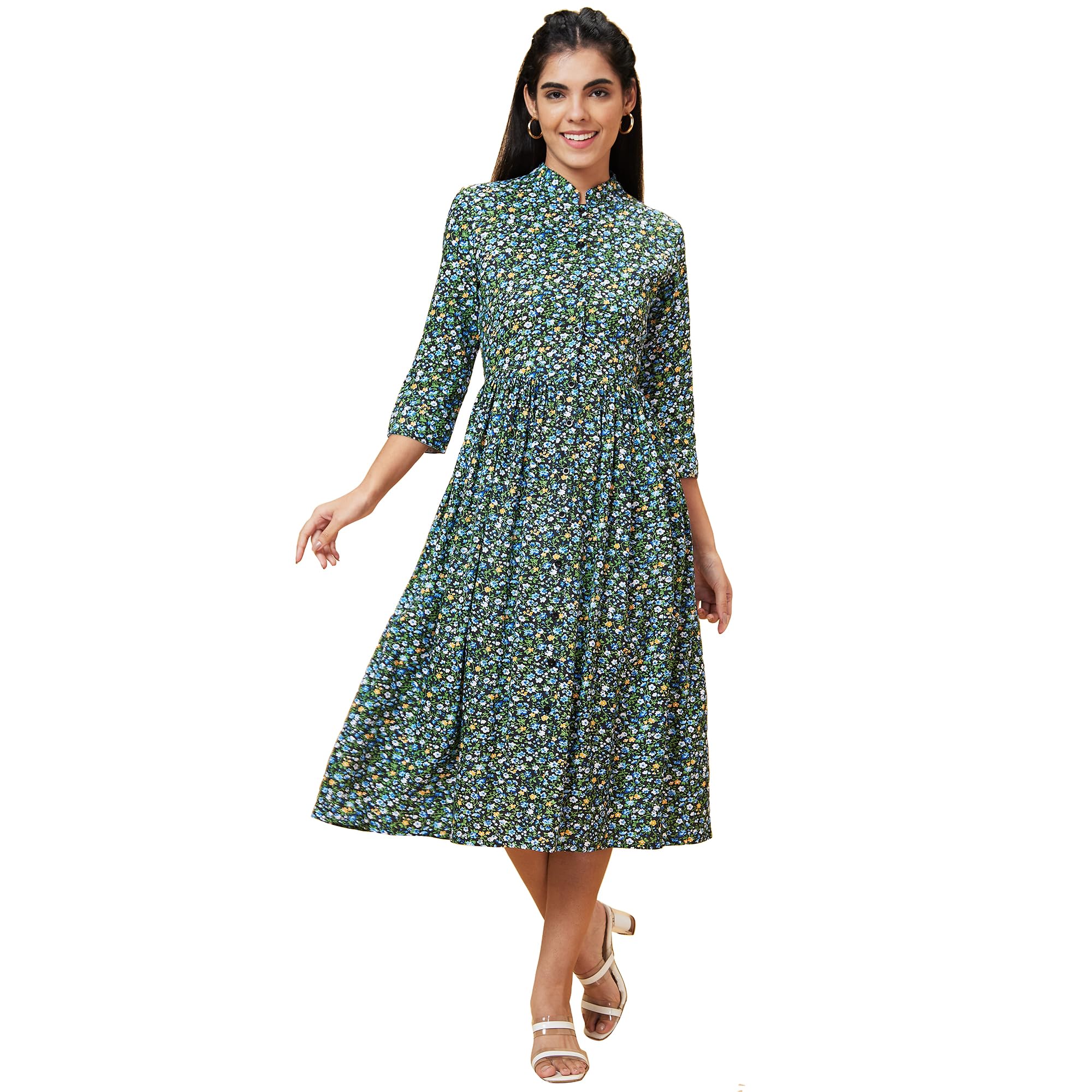 Globus Women Floral Printed Mandarin Collar Gathered A-Line Midi Dress ...