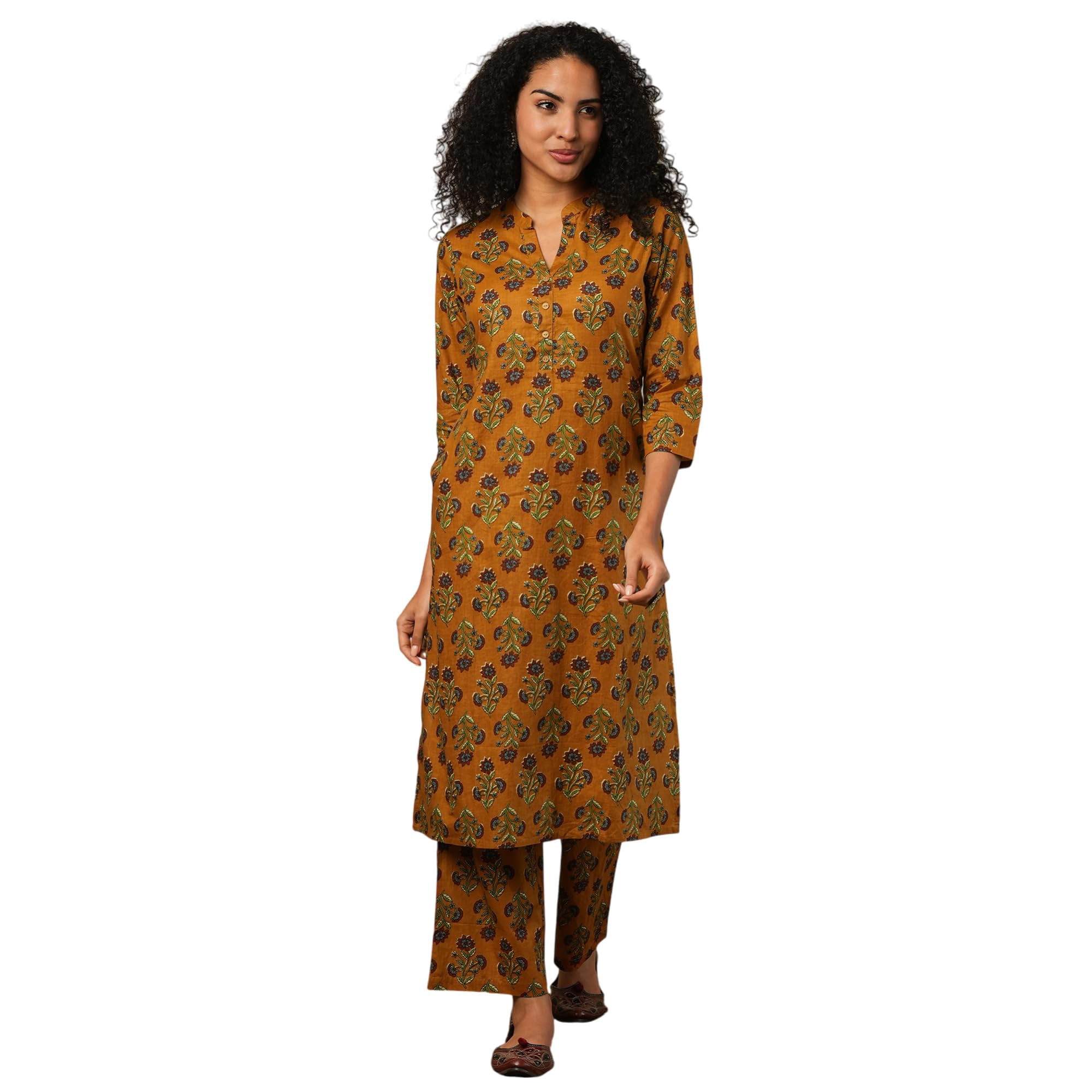 Globus Women Floral Printed Mandarin Collar Pure Cotton Straight Kurta ...