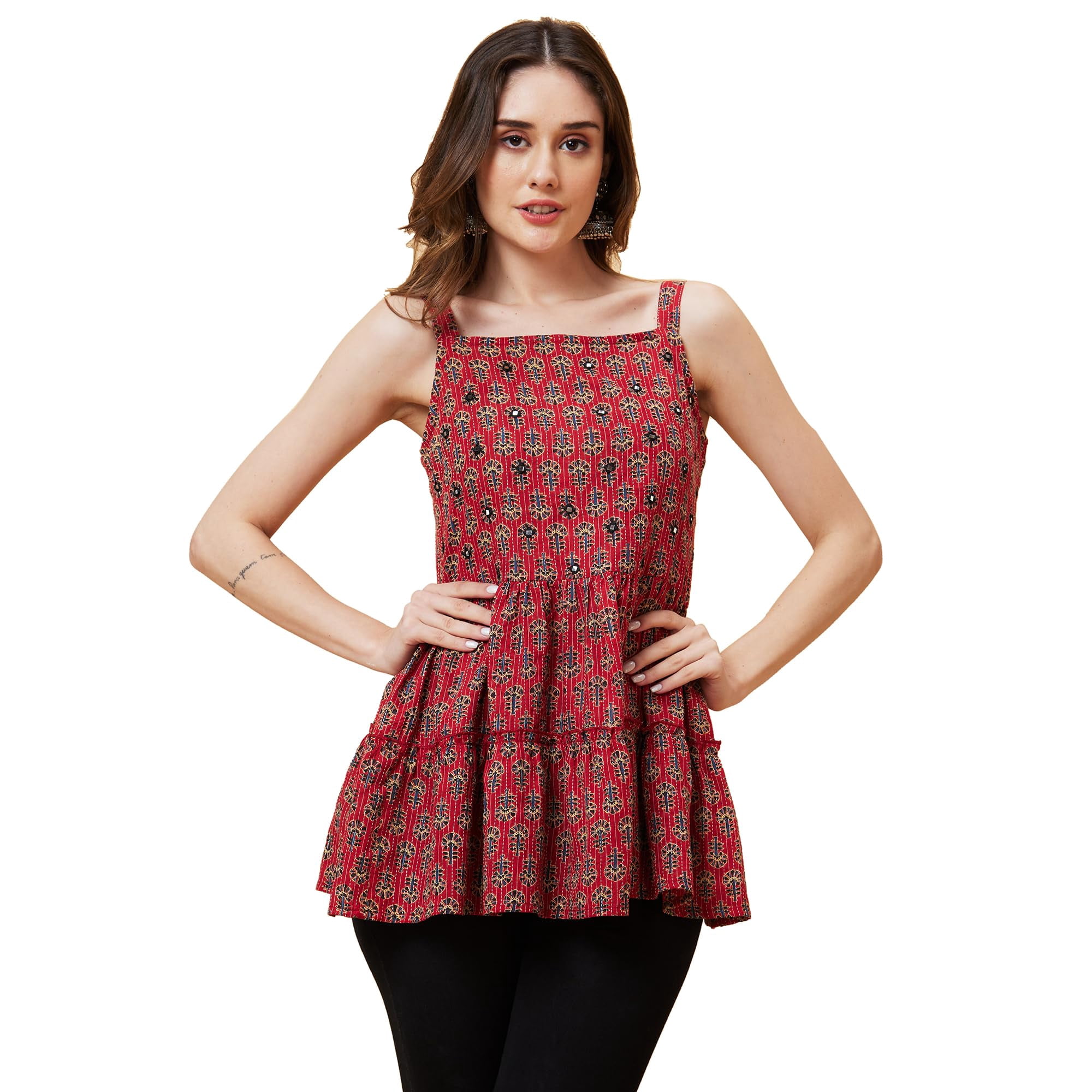 Globus Women Floral Printed Mirror Work Cotton Ethnic Tunic - Walmart.com