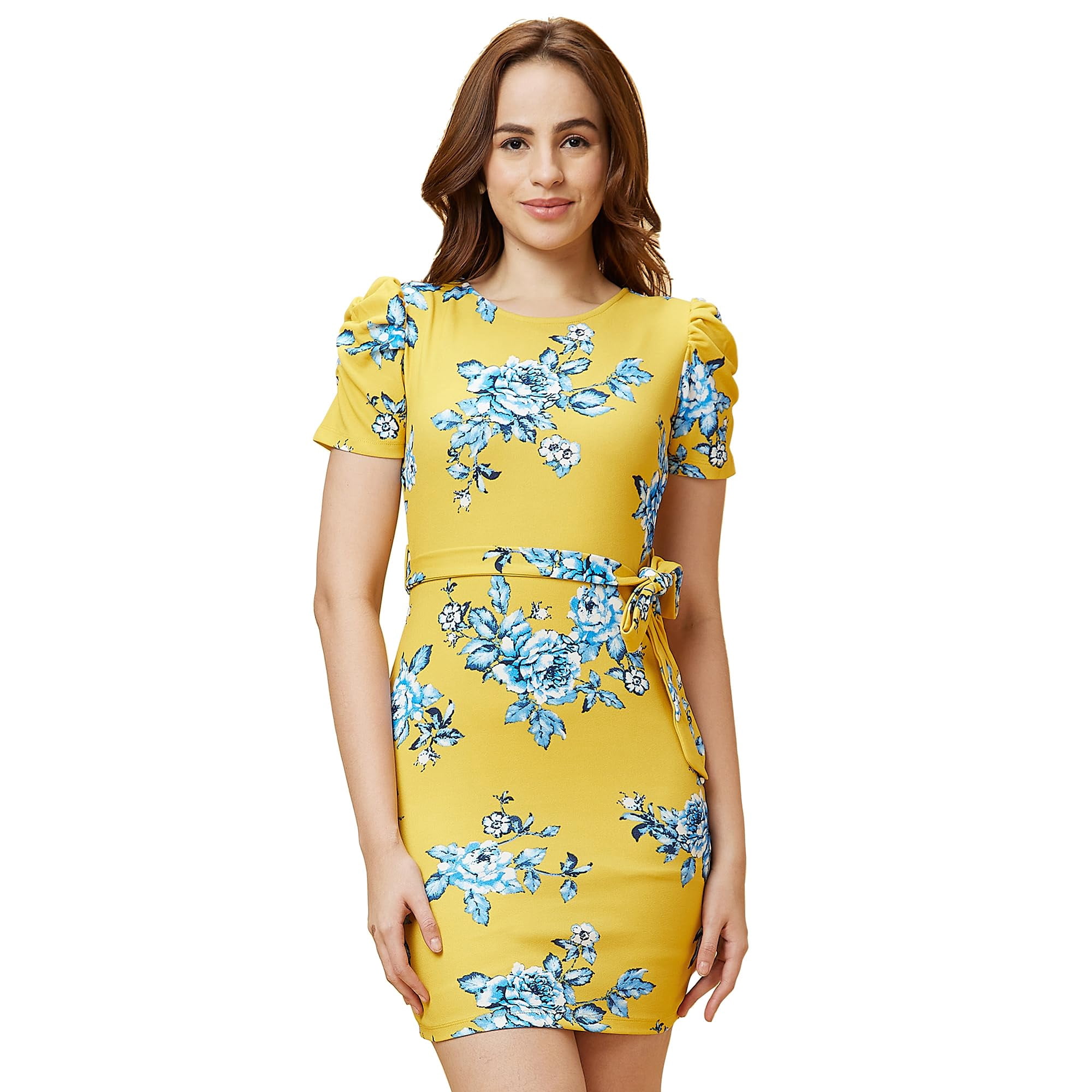 Globus Women Floral Printed Puff Sleeves Belted Detail Sheath Mini ...