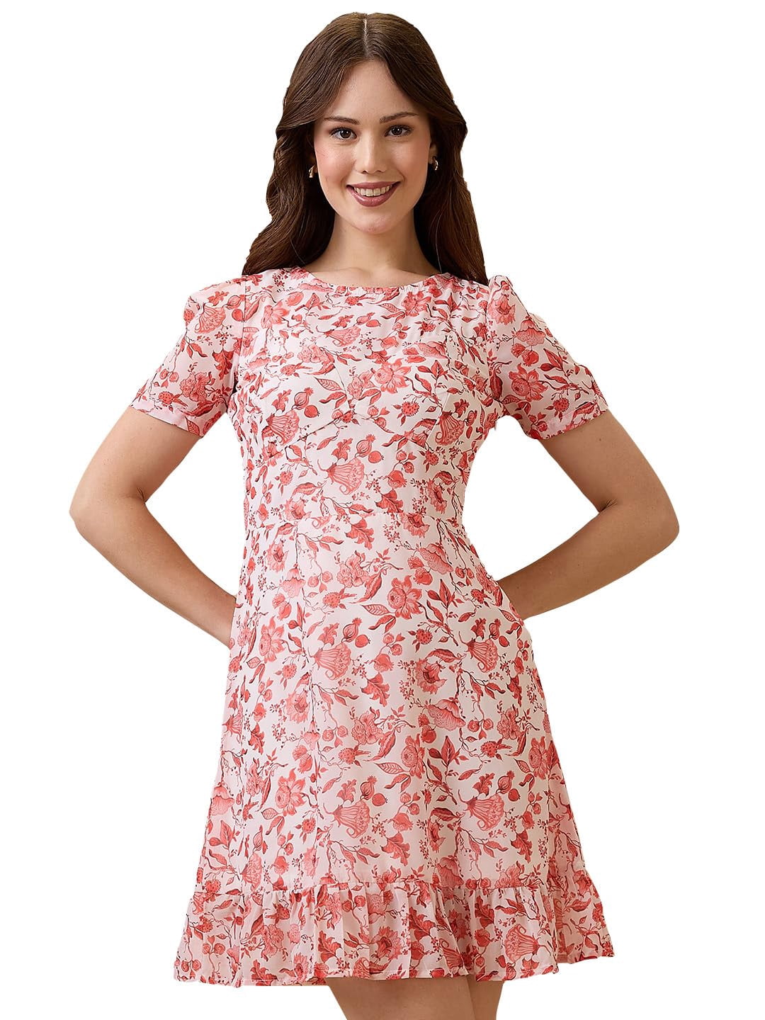 Globus Women Floral Printed Round Neck Short Puff Sleeves Fit & Flare ...