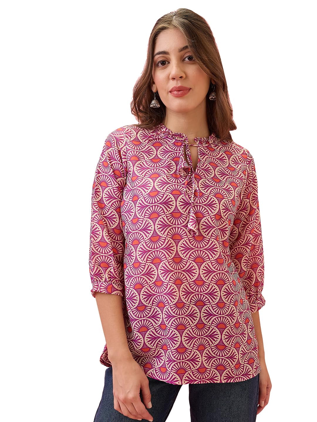 Globus Women Frilled Tie-Up Neck Ethnic Print Curved Hem Workwear Tunic ...